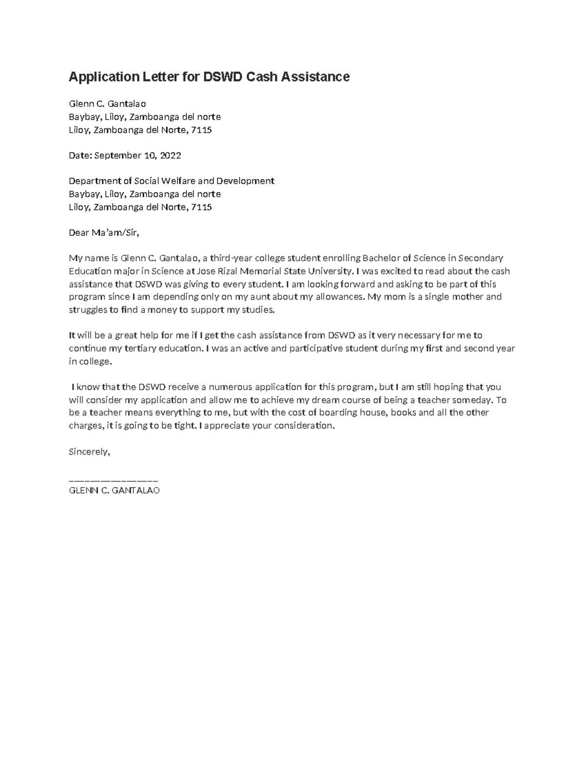 Application Letter for DSWD Cash Assistance - Gantalao Baybay, Liloy ...