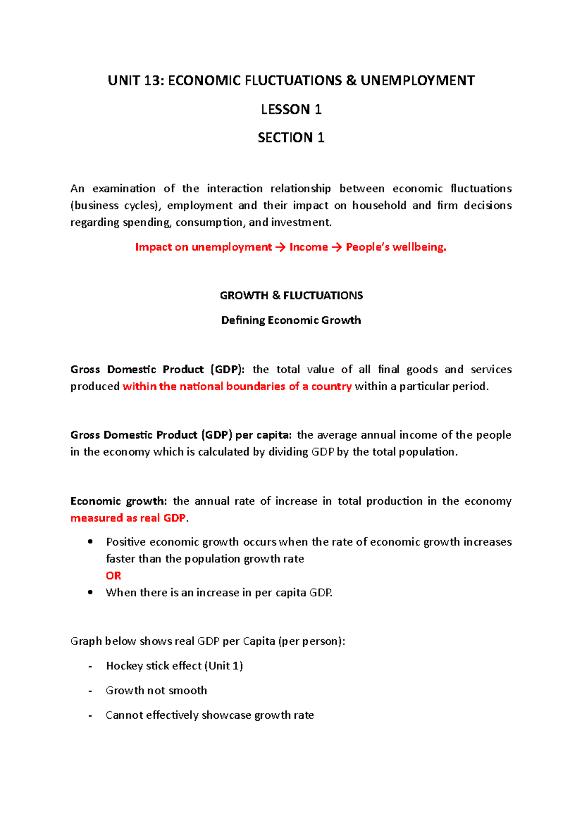 Lesson 1 Summary - UNIT 13: ECONOMIC FLUCTUATIONS & UNEMPLOYMENT LESSON ...