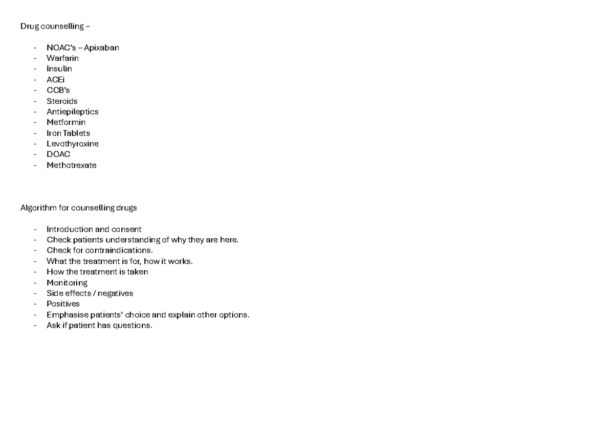 Drug counselling OSCE table - Drug counselling – - NOAC’s – Apixaban ...