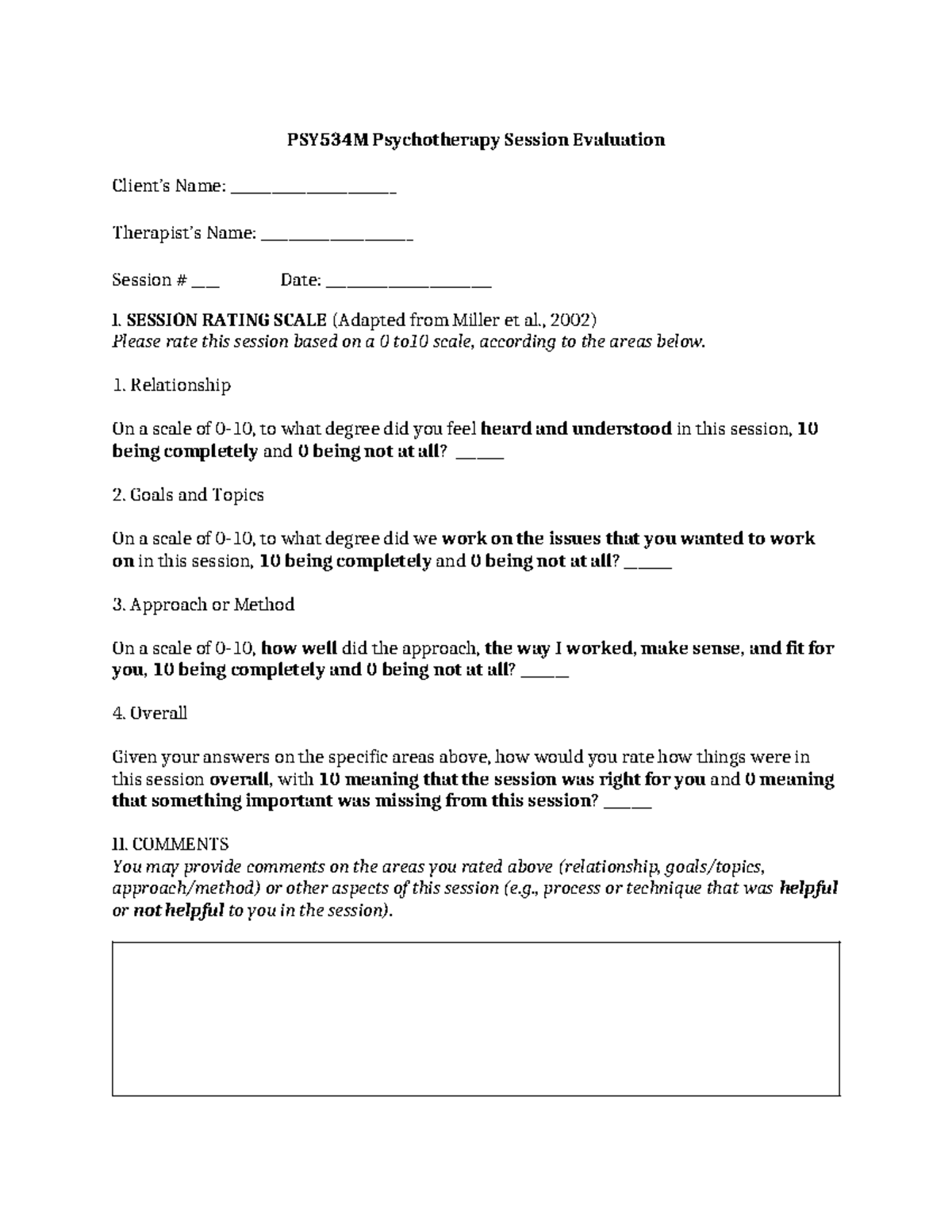 Client Evaluation Form - PSY534M Psychotherapy Session Evaluation ...
