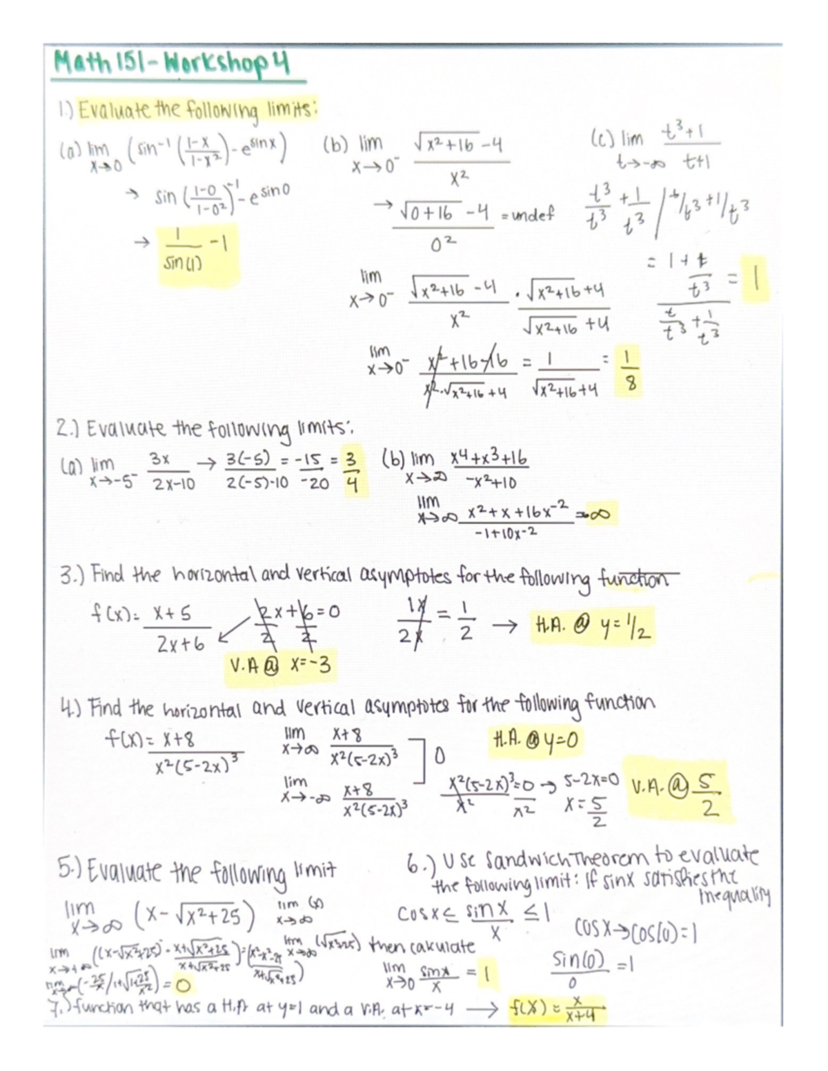 Limits Workshop - 1.) Evaluate the following limits: (a) lim (b) lim (c ...