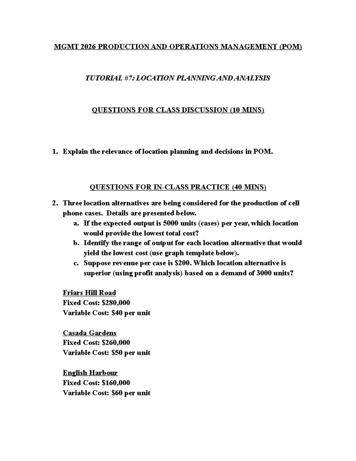 MGMT 2026 Tutorial 7 - MGMT 2026 PRODUCTION AND OPERATIONS MANAGEMENT ...