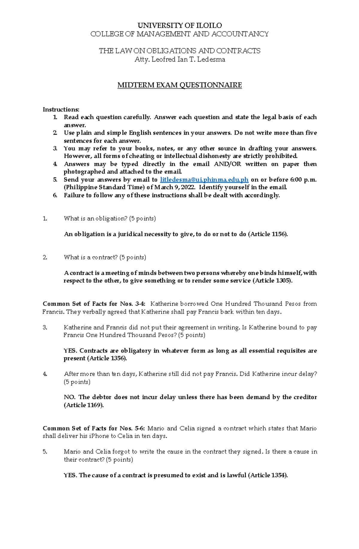 Midterm Exam Answer Key UI - UNIVERSITY OF ILOILO COLLEGE OF MANAGEMENT ...