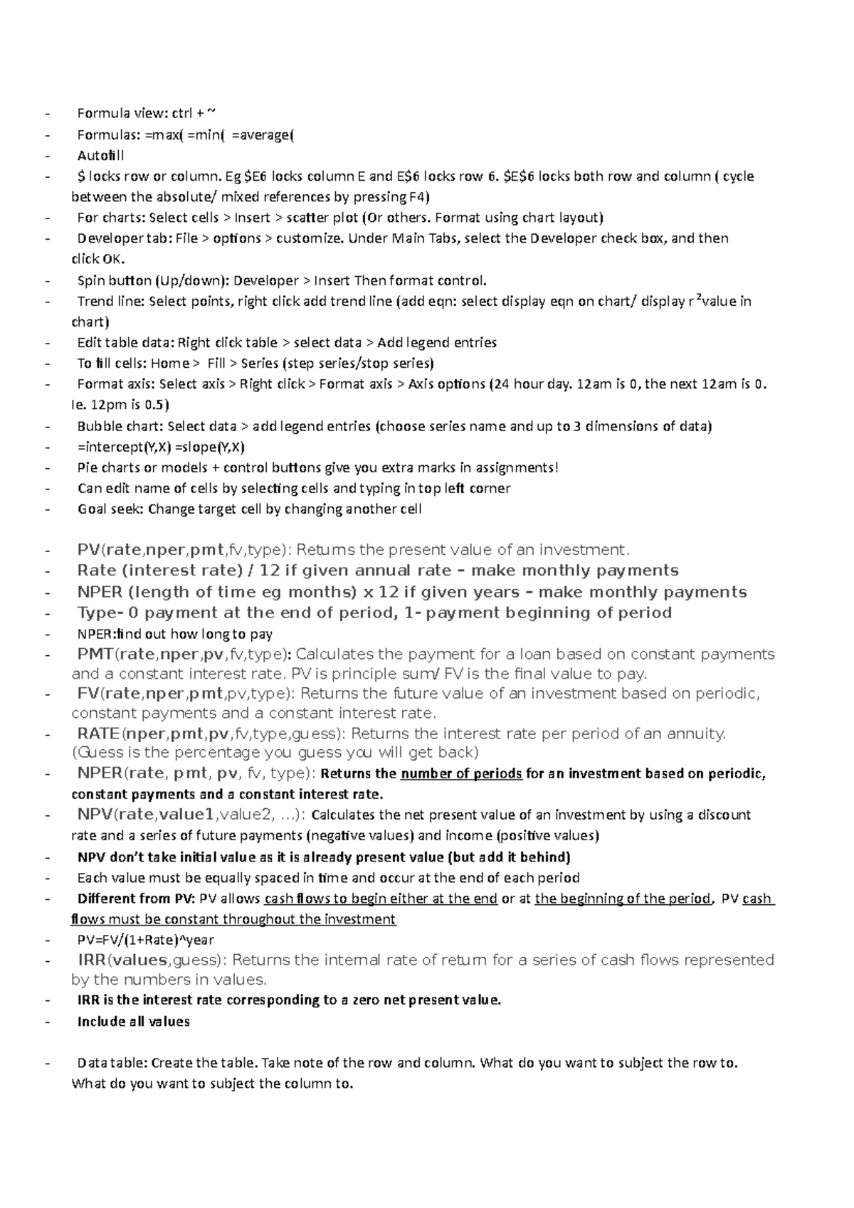 CAT notes 2 - Summary Spreadsheet - Formula view: ctrl + ~ Formulas ...