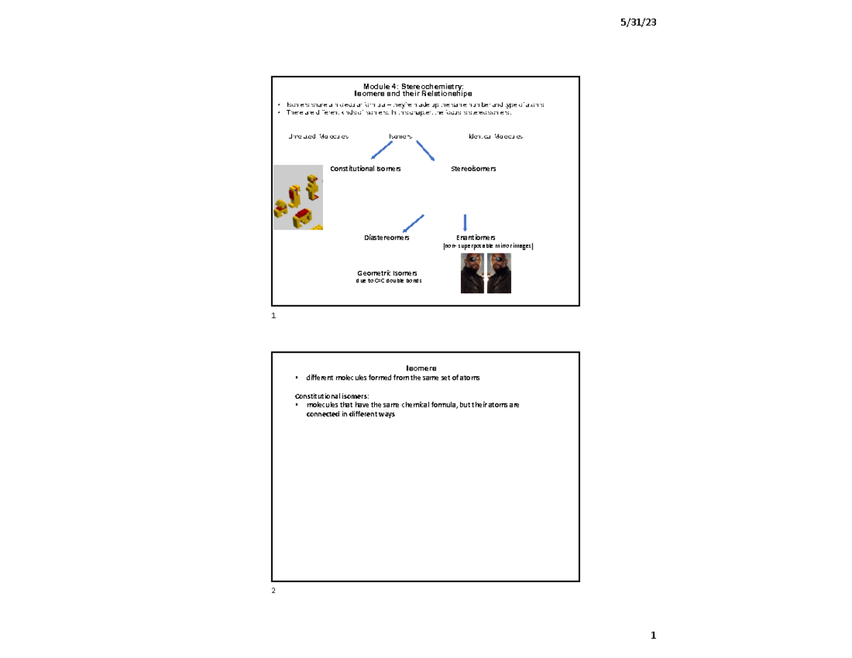 Module 4 Slides - Lecture notes - Module 4: Stereochemistry: Isomers ...