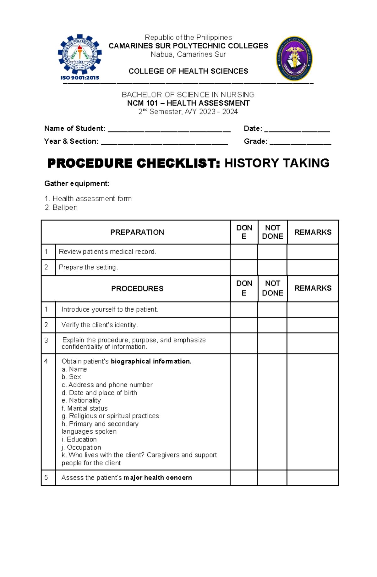History- Taking- Checklist - Republic of the Philippines CAMARINES SUR ...