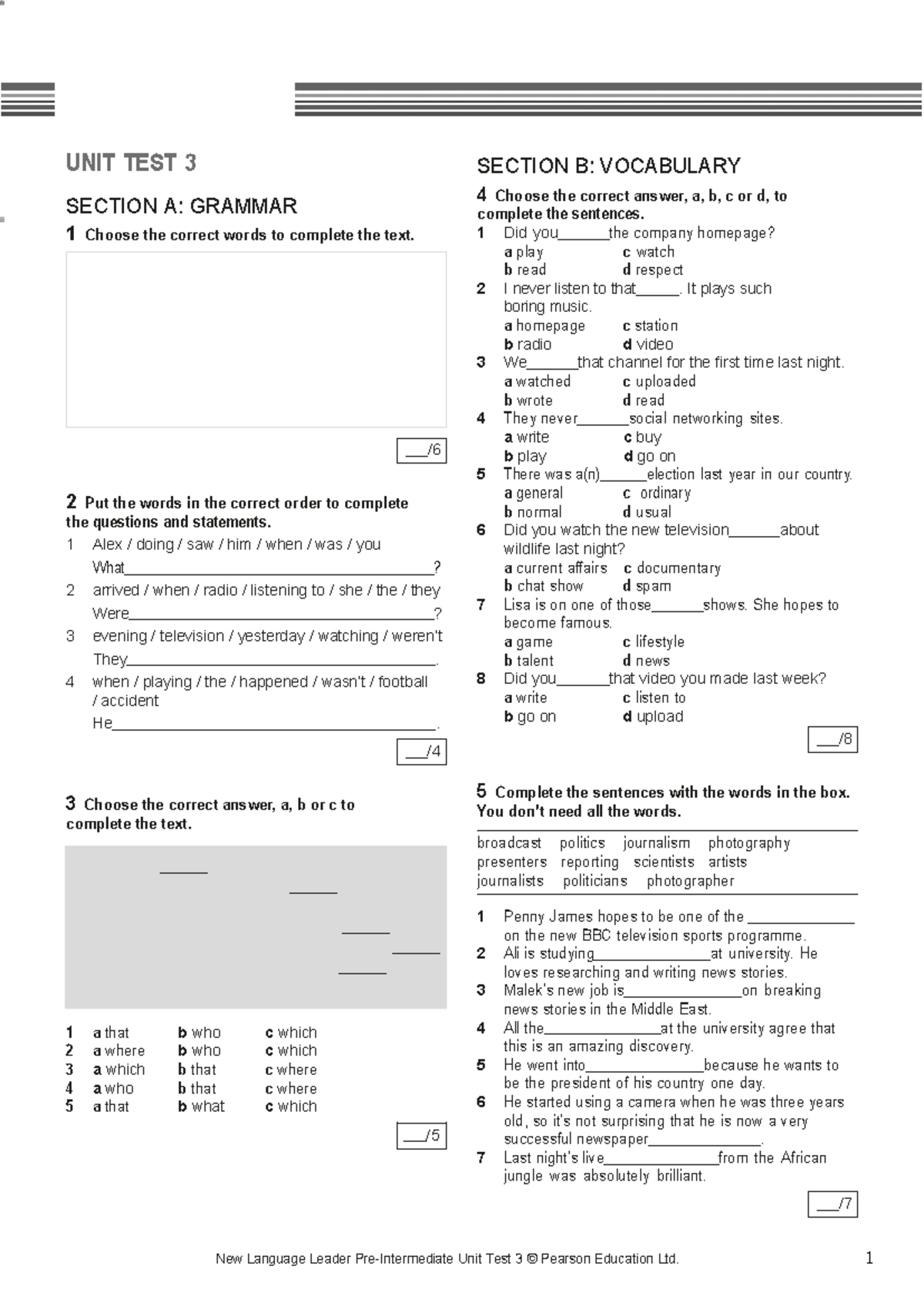 Unit Test 03 TI1 INGLES - New Language Leader Pre-Intermediate Unit ...