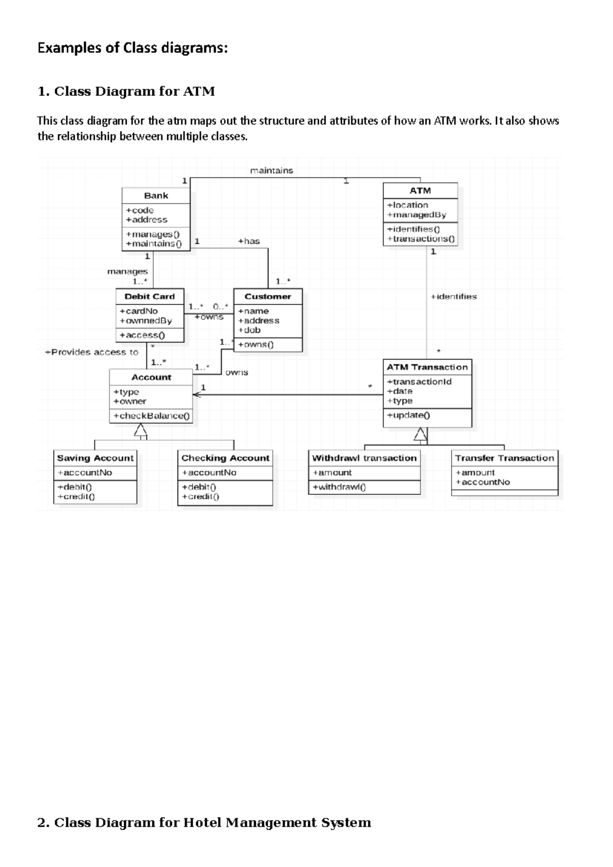 Examples Class Diagram - Examples of Class diagrams: Class Diagram for ATM This class diagram ...
