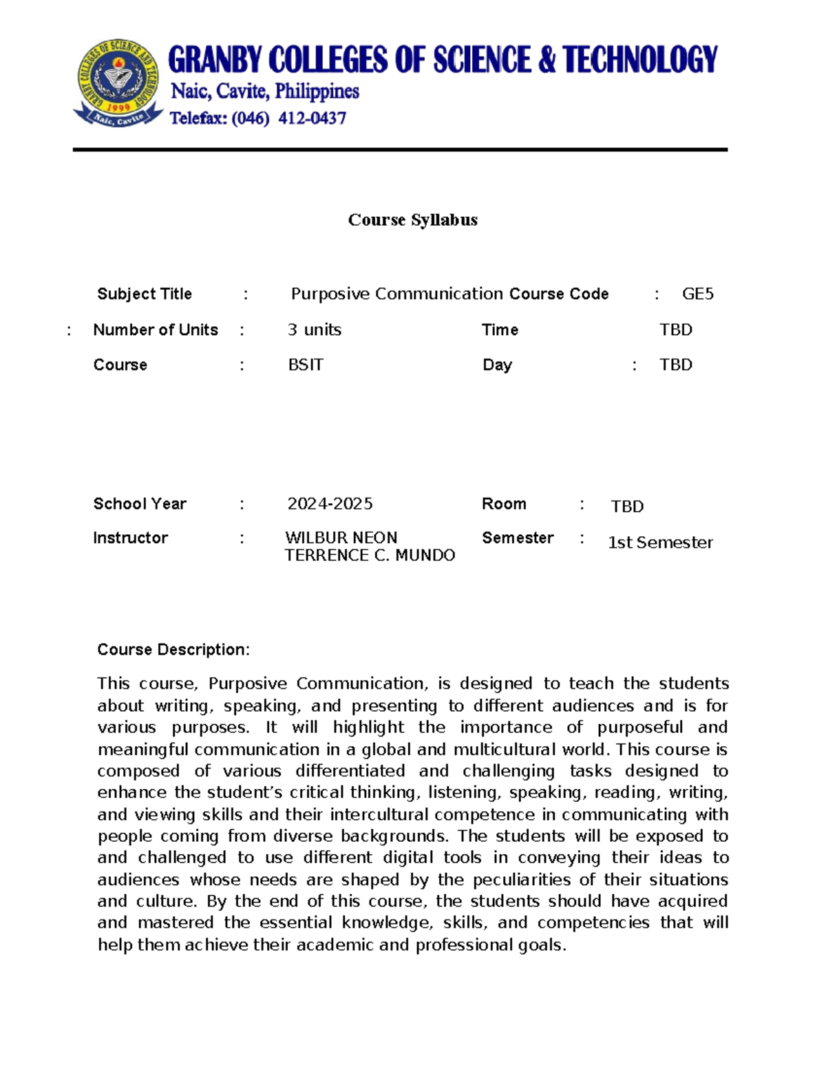 Purposive-Communication Syllabus (NEON) - Course Syllabus Subject Title ...