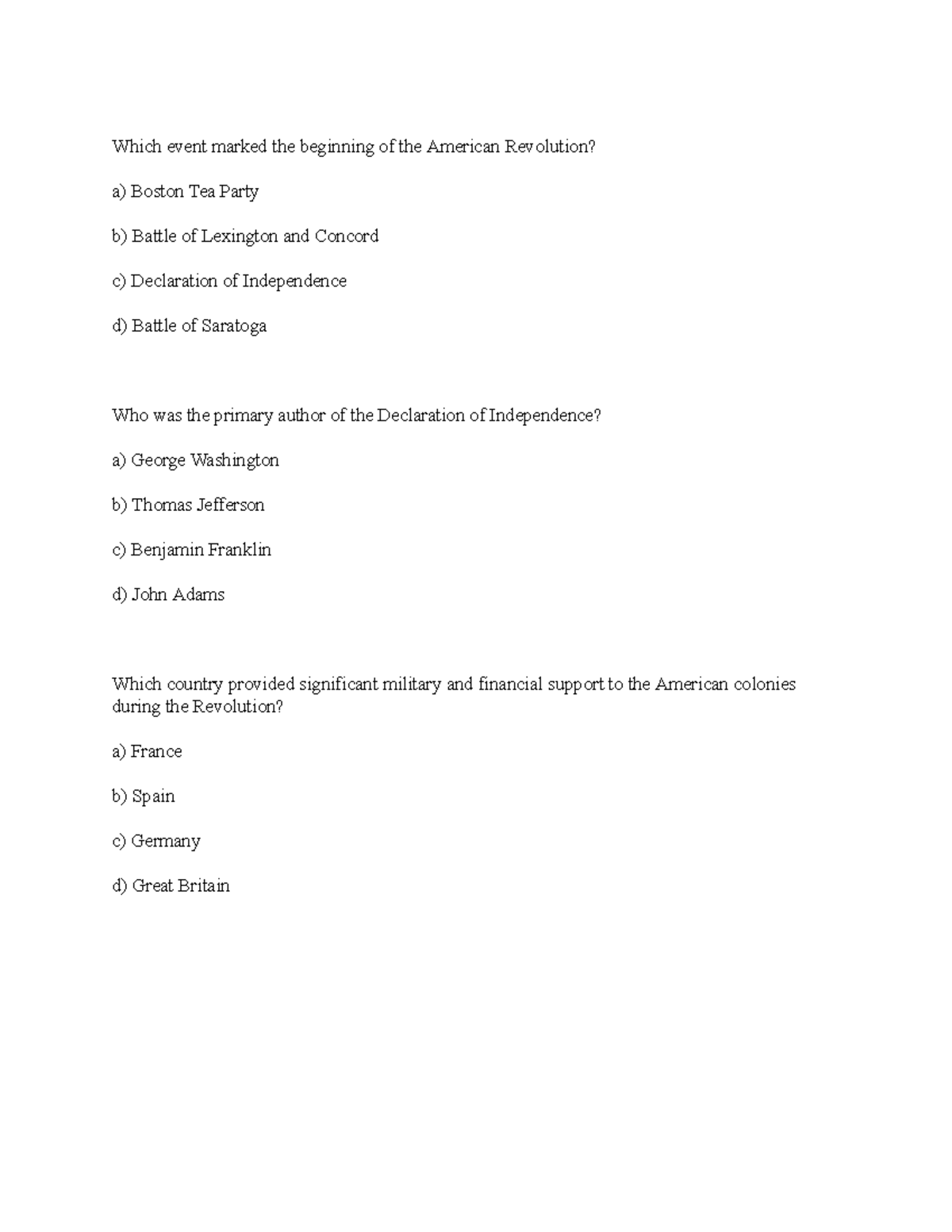 American Revolution (1775-1783) Quiz - Which event marked the beginning ...