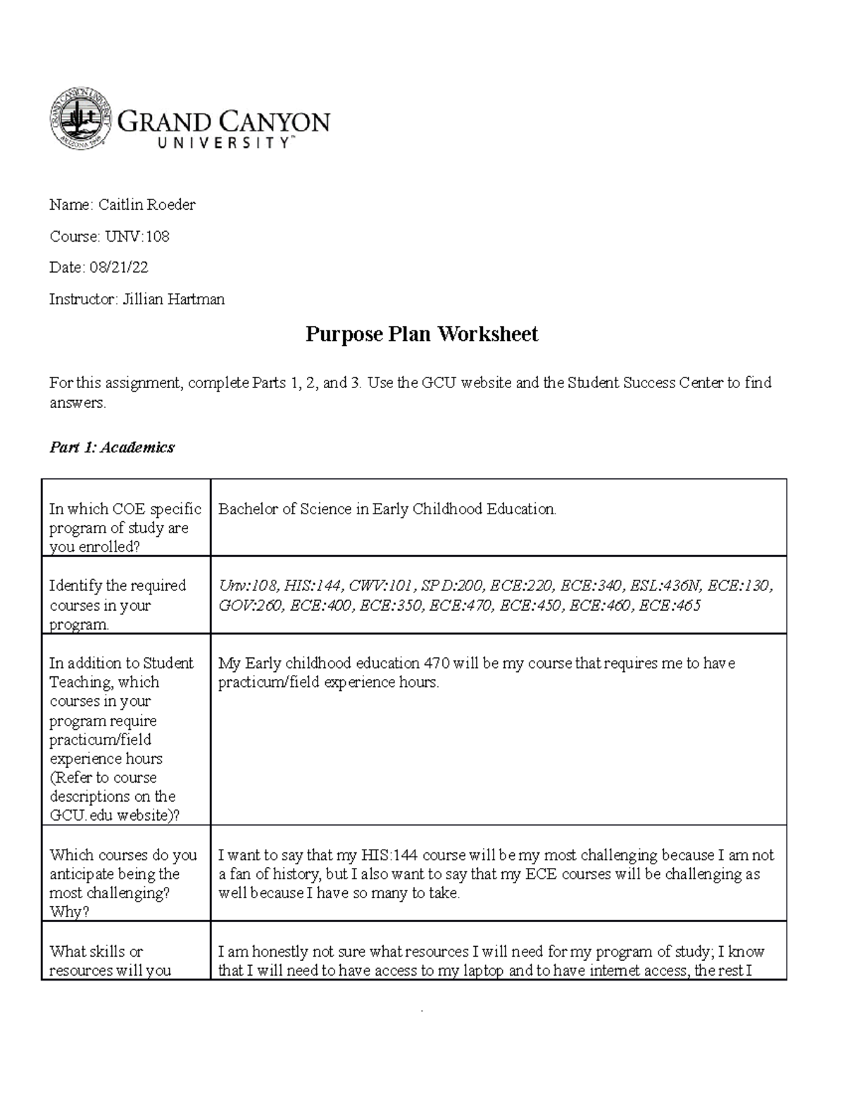 Purpose plan - Name: Caitlin Roeder Course: UNV: Date: 08/21 ...