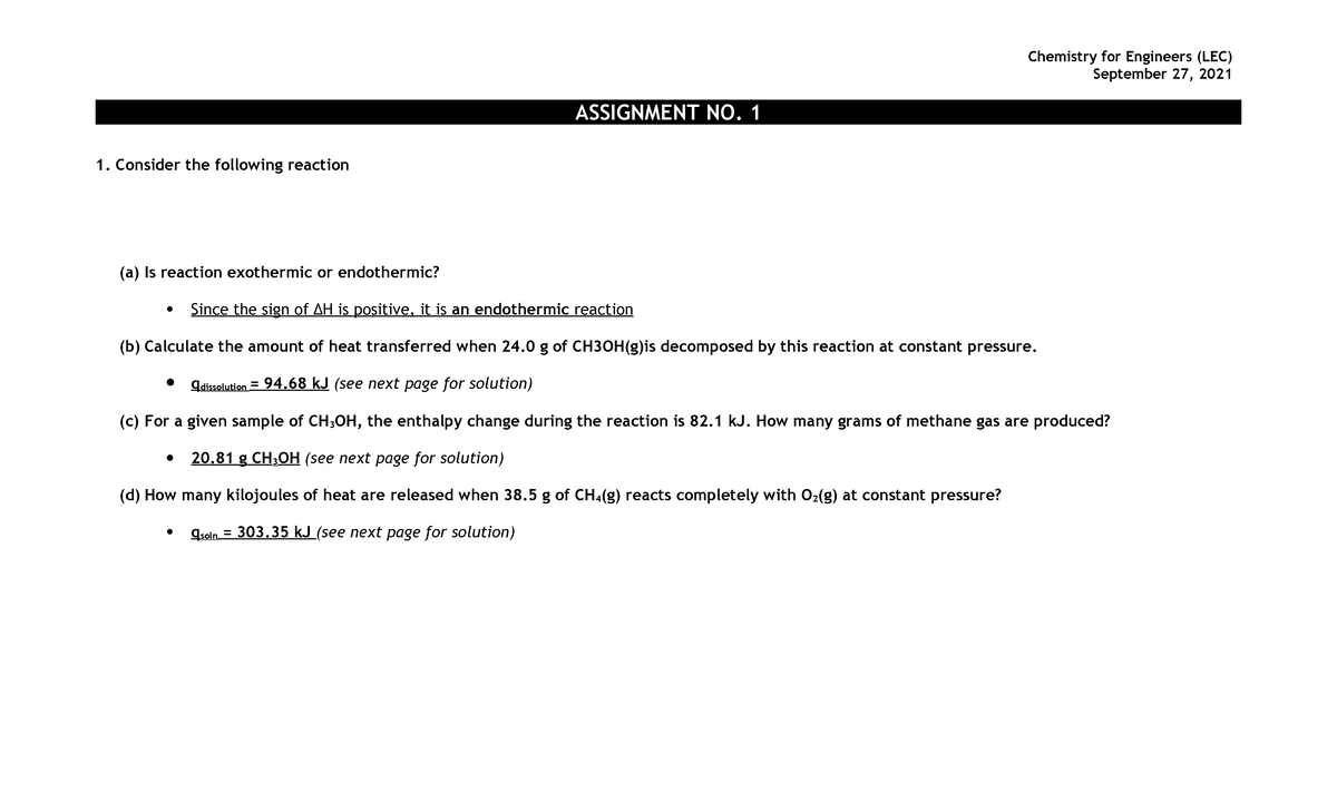 Chemistry Assignment Answers with solutions: Thermochemistry ...