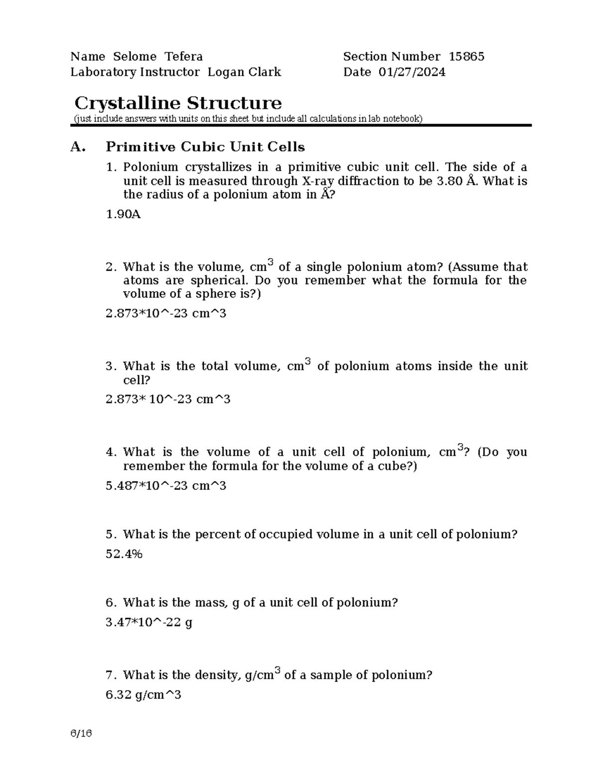 02.Crystal Structure Submission - Name Selome Tefera Section Number 15865 Laboratory Instructor ...