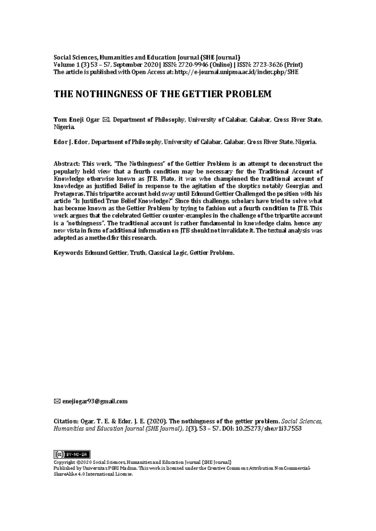 THE Nothingness OF THE Gettier Problem - Social Sciences, Humanities ...