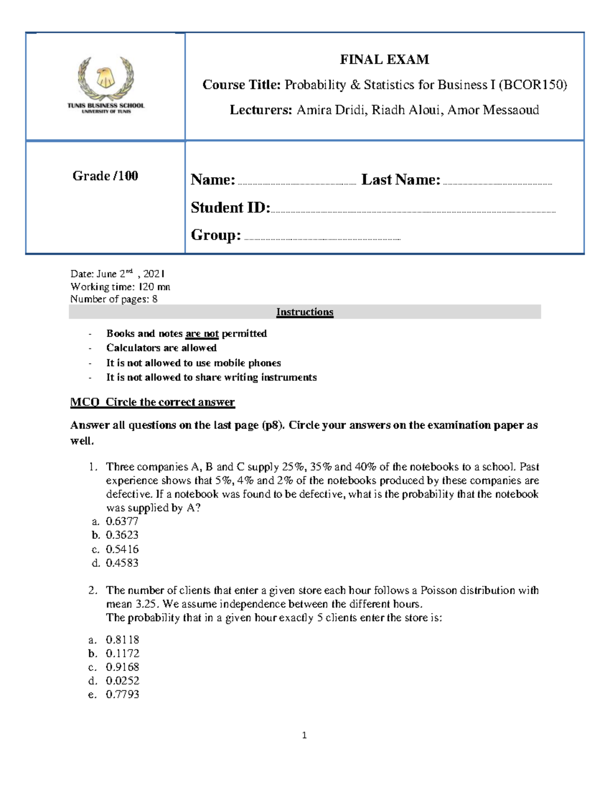 Final Exam Spring 2021 - Date: June 2nd , 2021 Working time: 120 mn ...