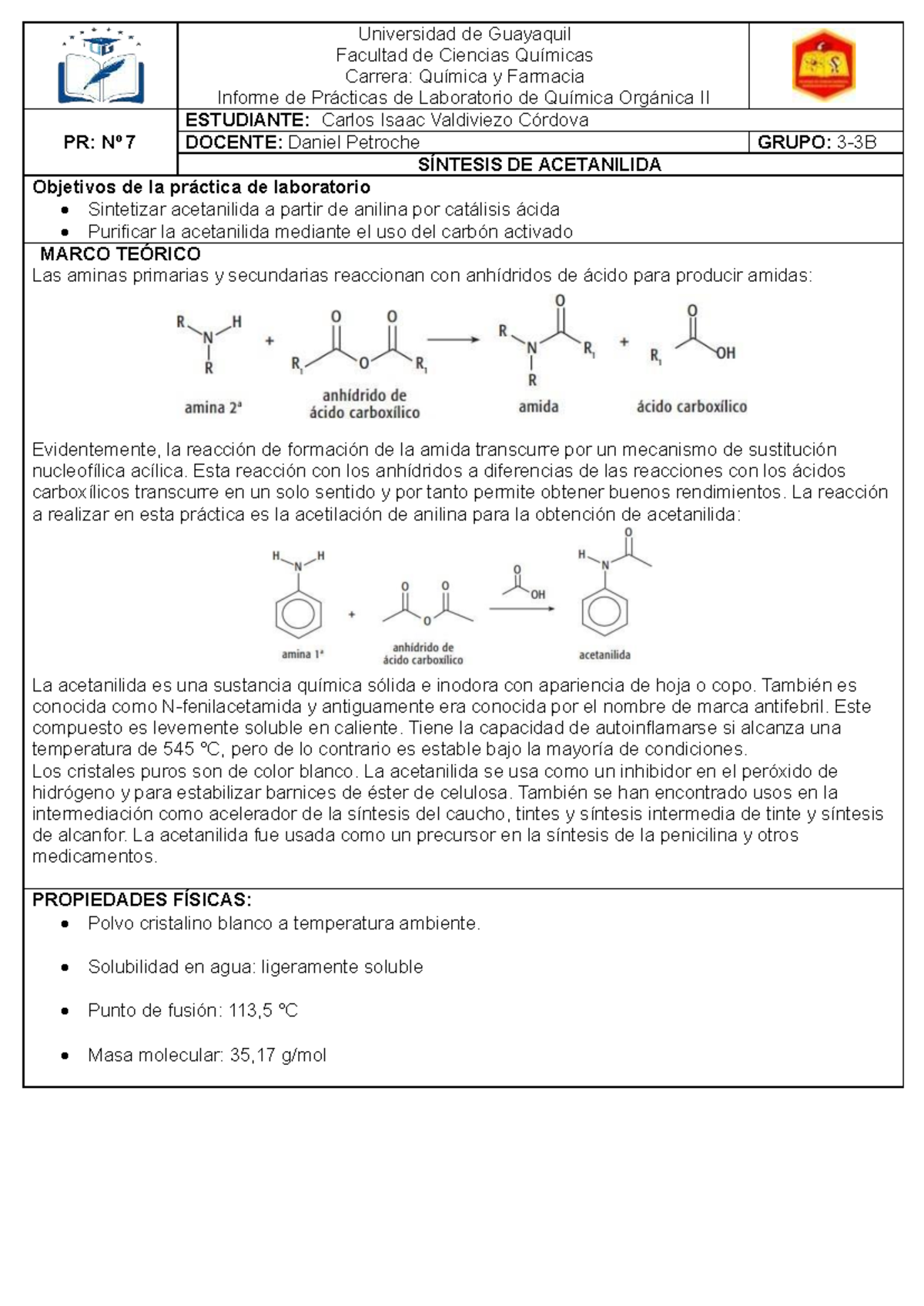 DETERMINACION Y SÍNTESIS DE ACETANILIDA - Universidad de Guayaquil ...