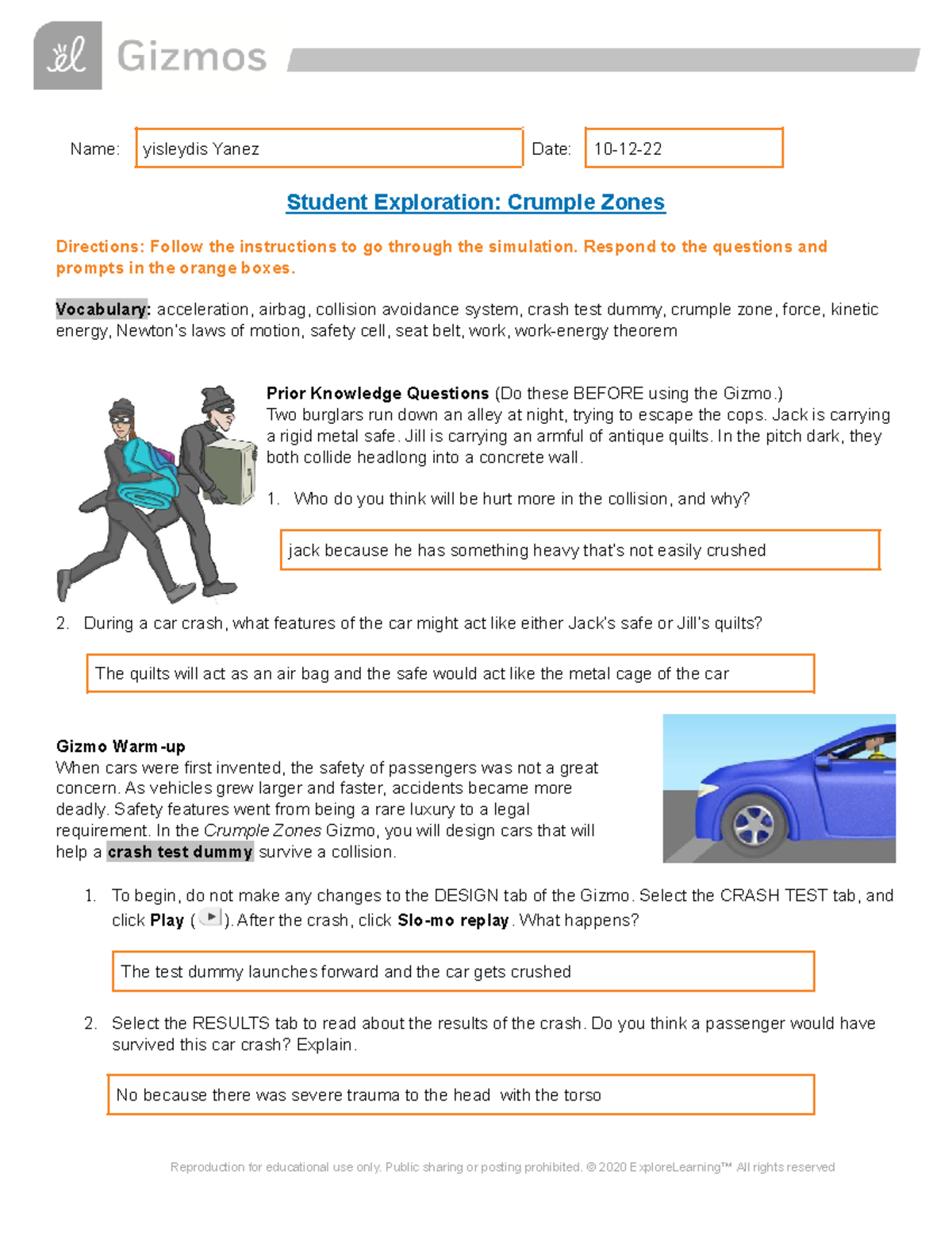 Gizmos - Crumple Zones - Yanez, Yisleydis - Name: yisleydis Yanez Date: 10-12- Student ...