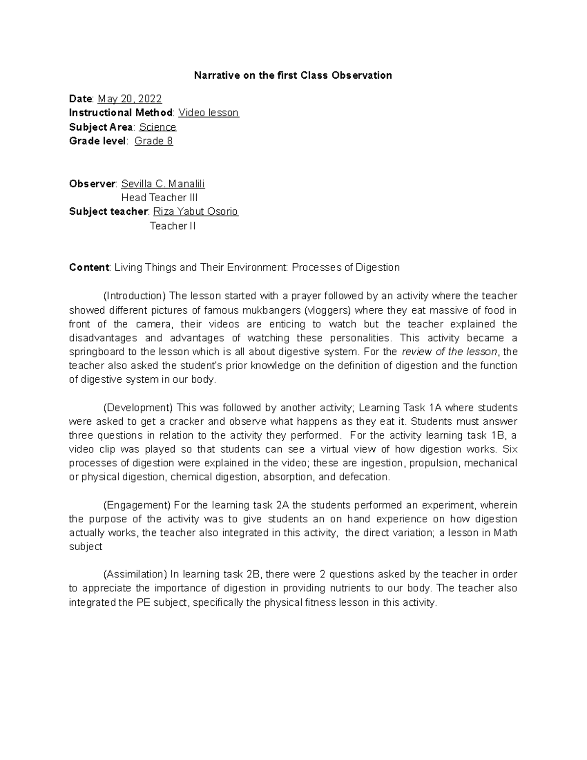 Narrative cot 1 - Narrative on the first Class Observation Date: May 20 ...