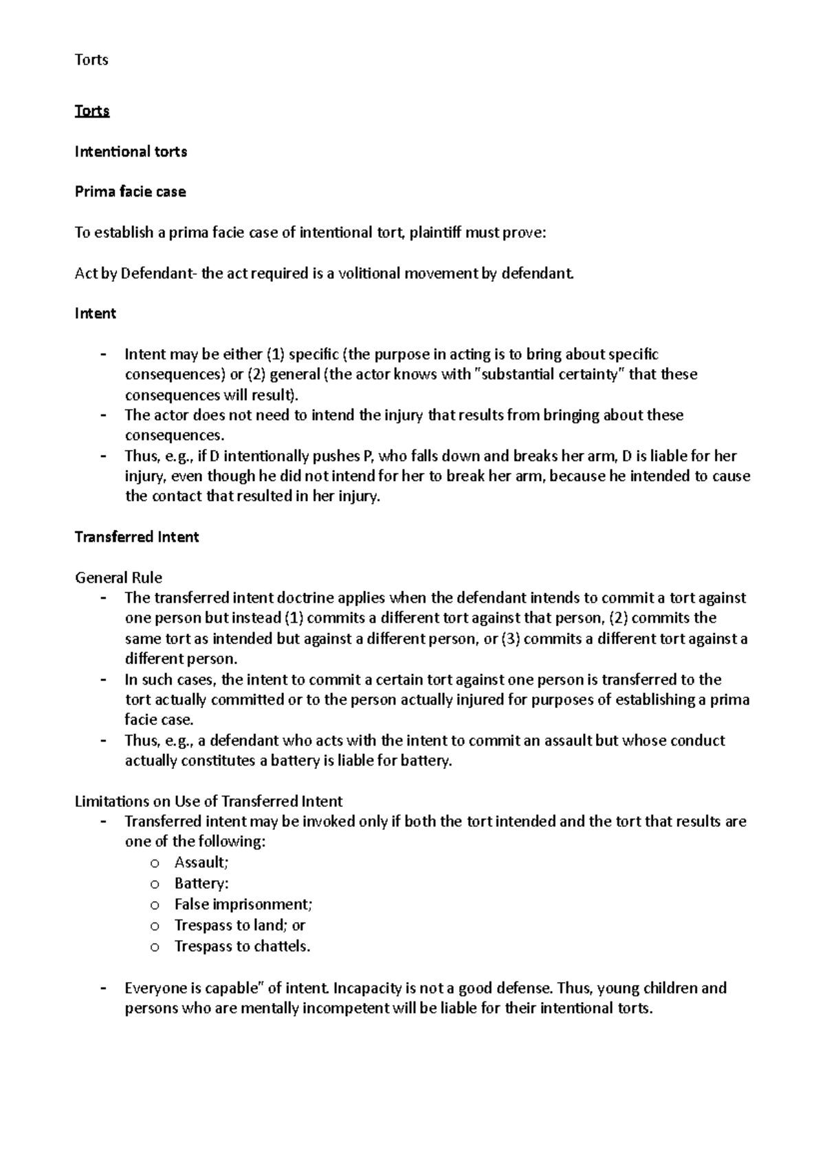 Law of torts notes - Torts Intentional torts Prima facie case To ...