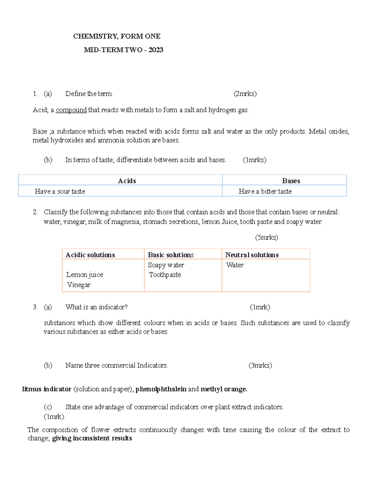 CHEM F1 MS - Form one midterm 2 2023 exam - CHEMISTRY, FORM ONE MID ...