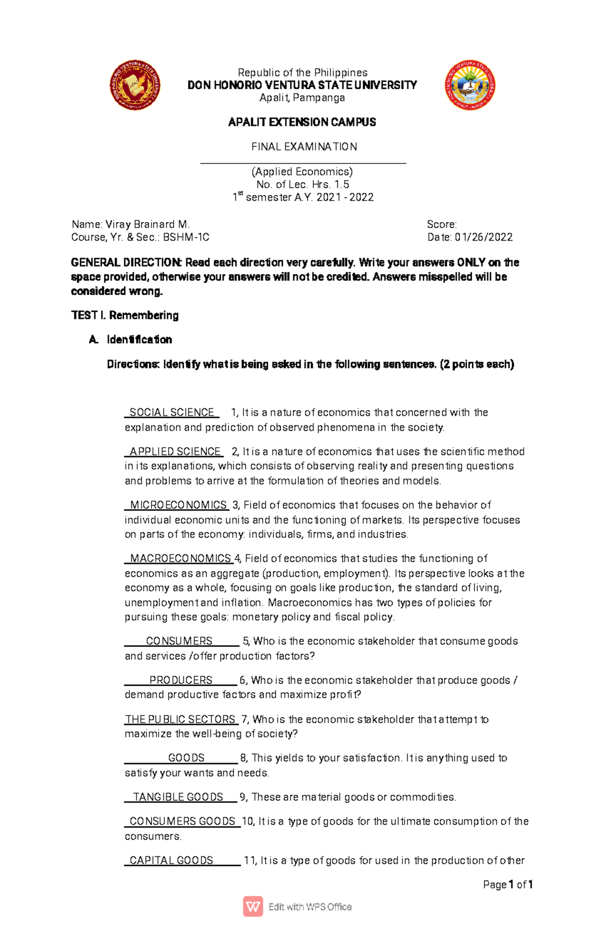 Viray Brainard m Final Exam - Republic of the Philippines DON HONORIO ...