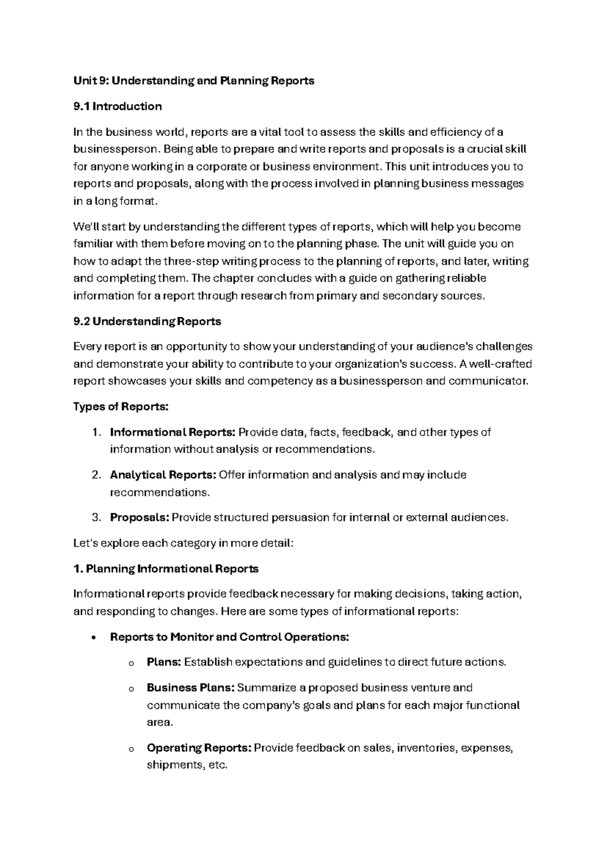 Business Communication Unit 9 & 10 - Unit 9: Understanding and Planning ...