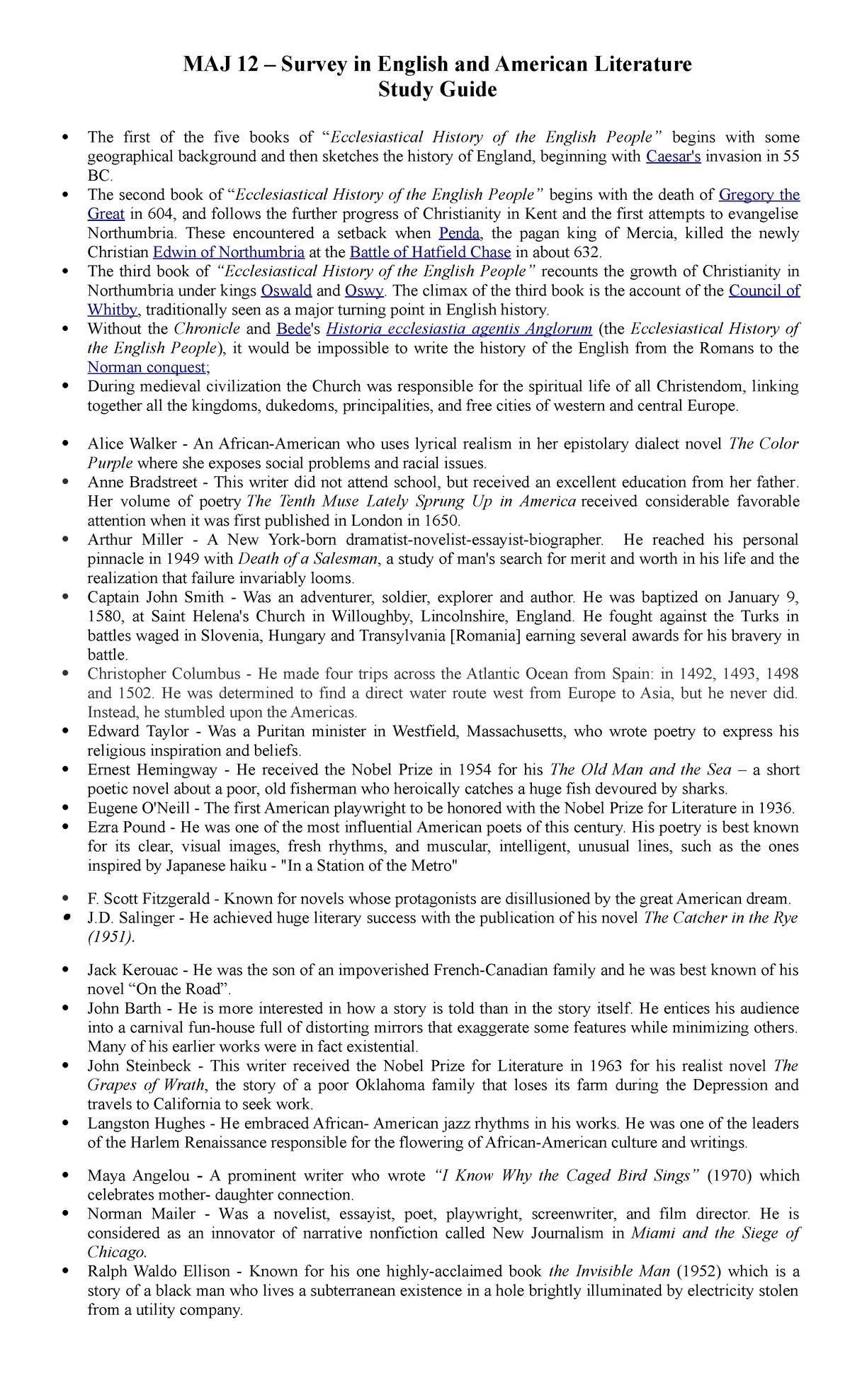 Study Guide MAJ 12 Survey of English and American Lit - MAJ 12 – Survey ...