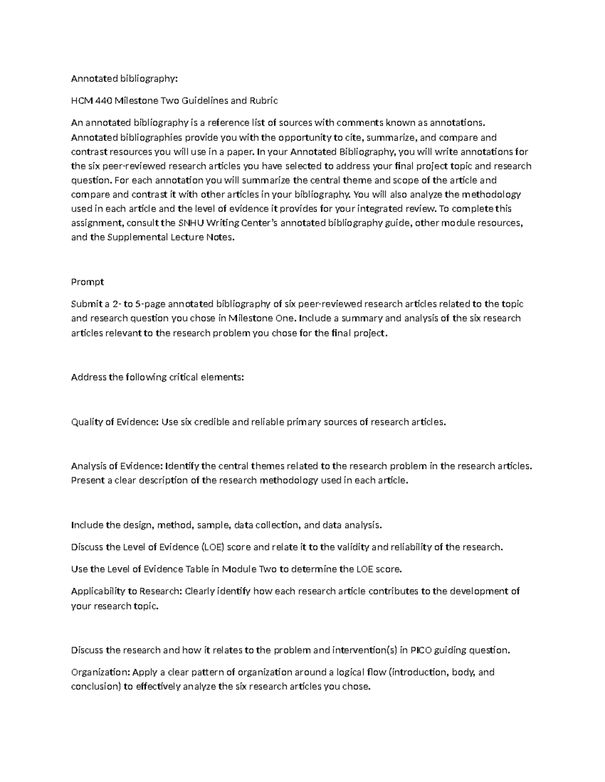 Document - hcm440 - Annotated bibliography: HCM 440 Milestone Two Guidelines and Rubric An ...