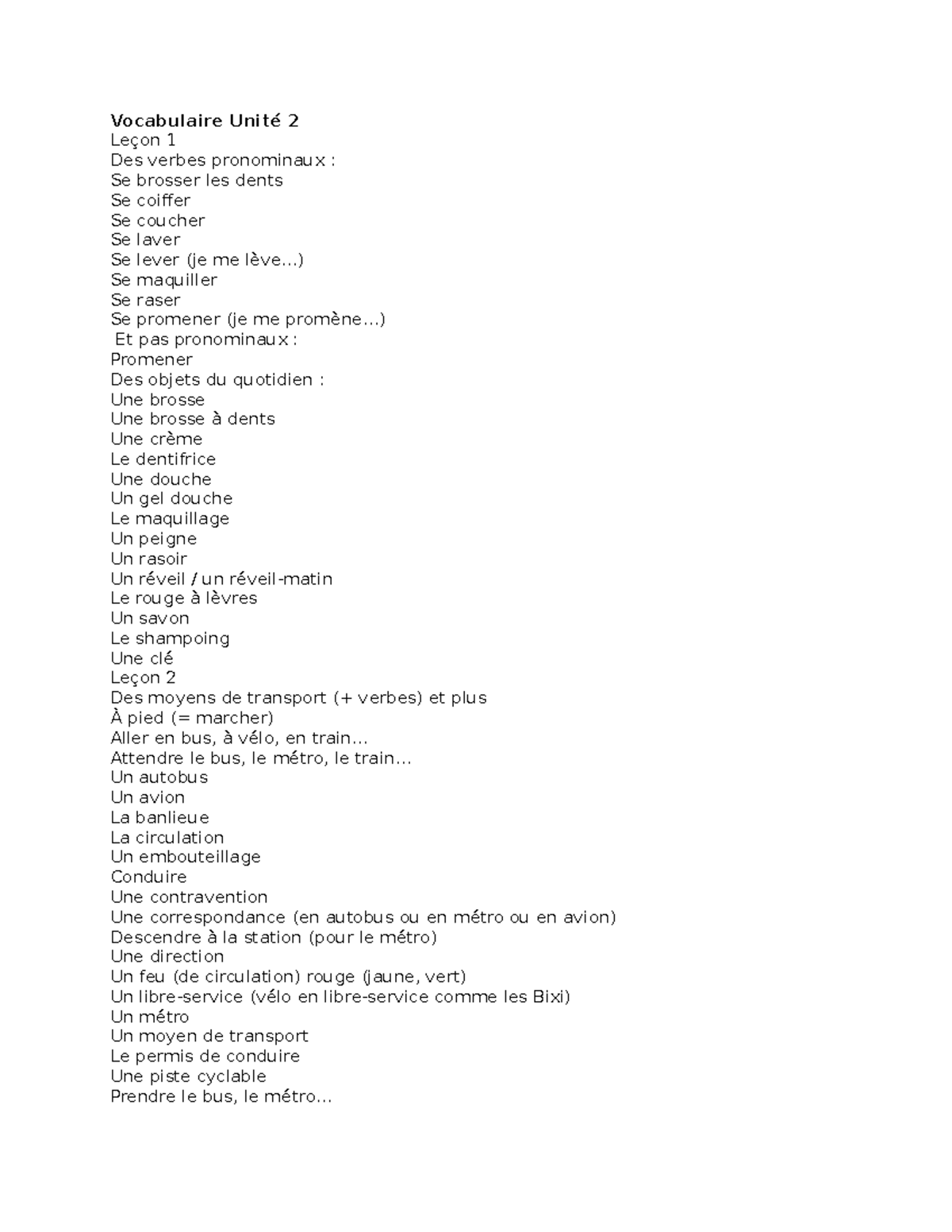 Vocabulaire unités 2-3-4 pour les examens - Vocabulaire Unité 2 Leçon 1 ...