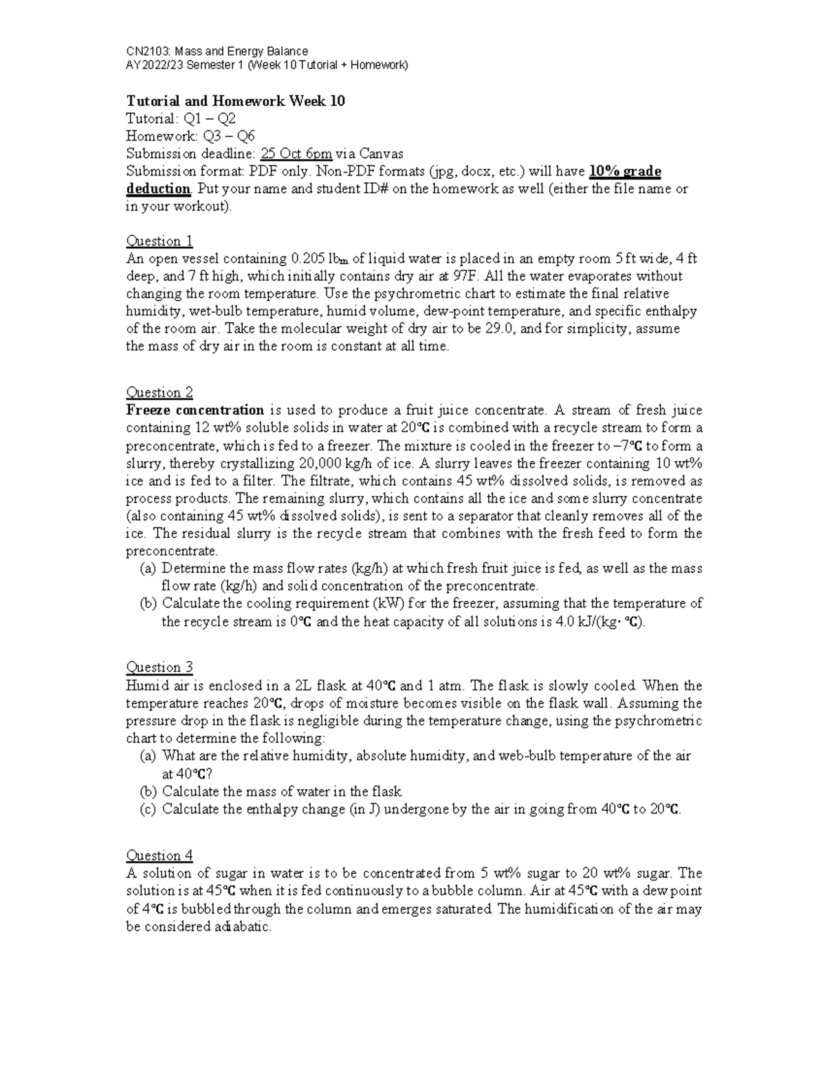 CN2103 Tutorial and Homework Week 10 - CN2103: Mass and Energy Balance ...