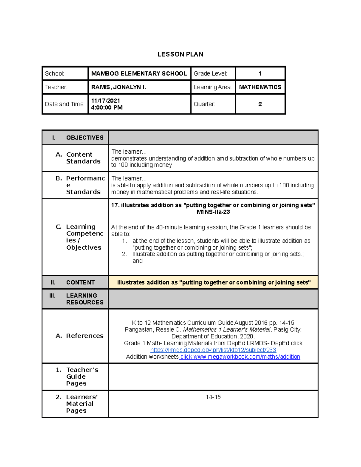 Demoteaching - ####### LESSON PLAN School: MAMBOG ELEMENTARY SCHOOL ...