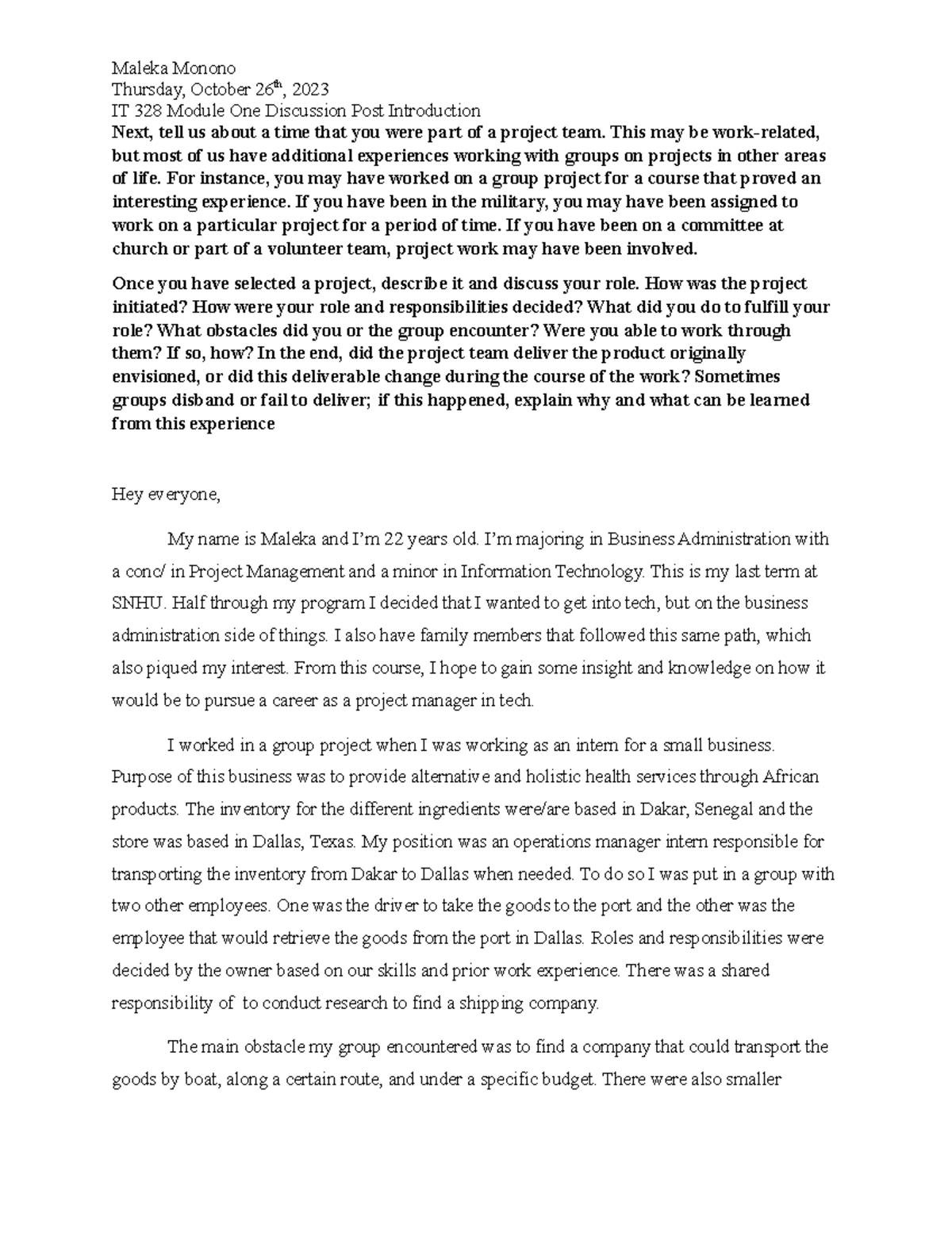 IT 328 Module One Discussion Post Introduction - This may be work ...