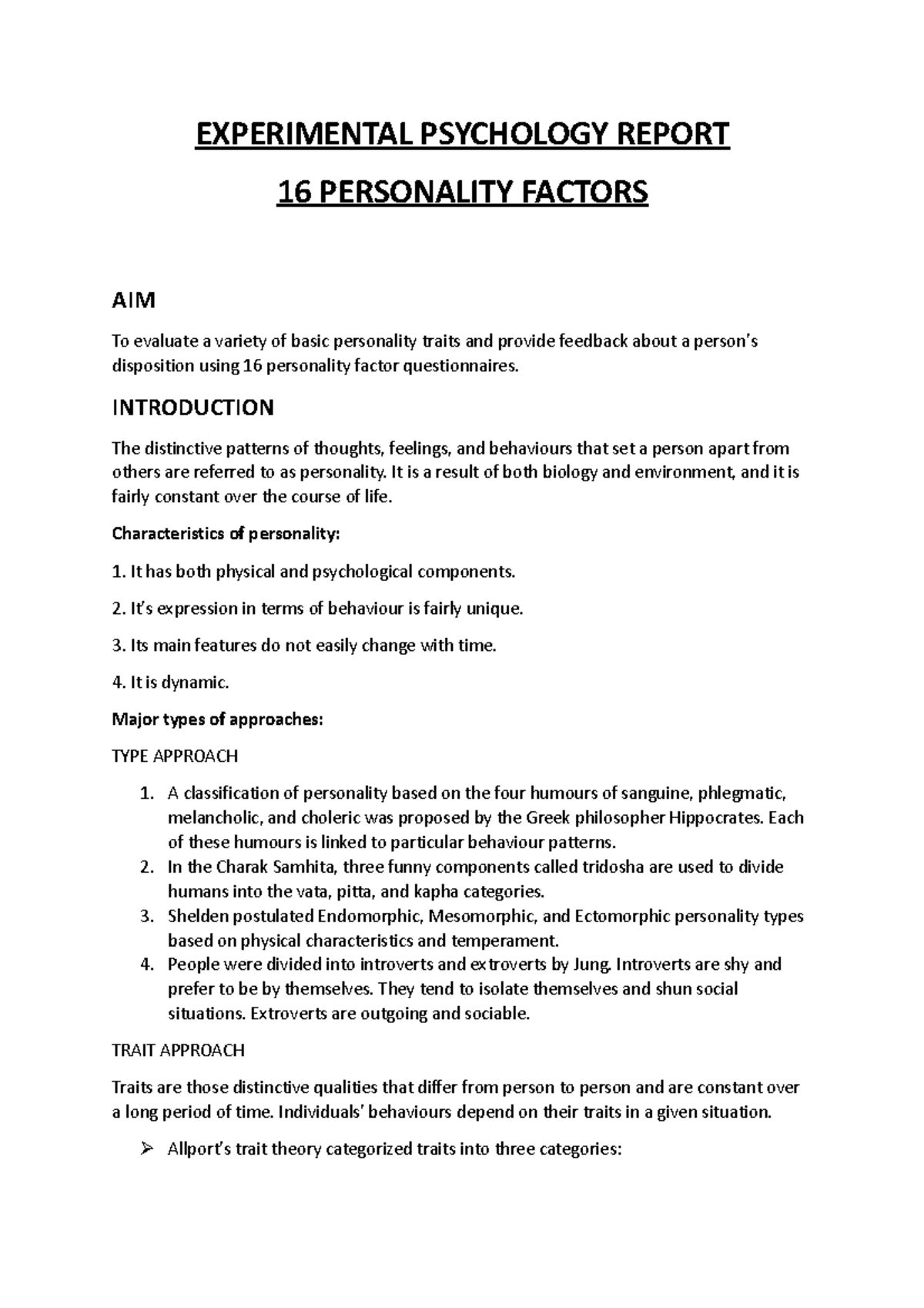 16 PF Experiment Report - EXPERIMENTAL PSYCHOLOGY REPORT 16 PERSONALITY ...