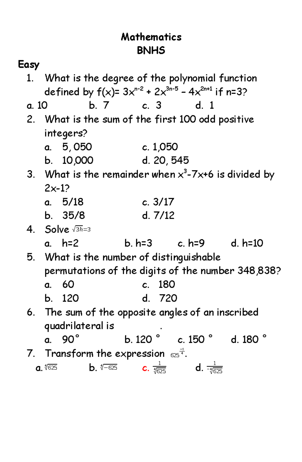 MATH Contest - reviewer for math quiz bee for grade 10 - Mathematics ...