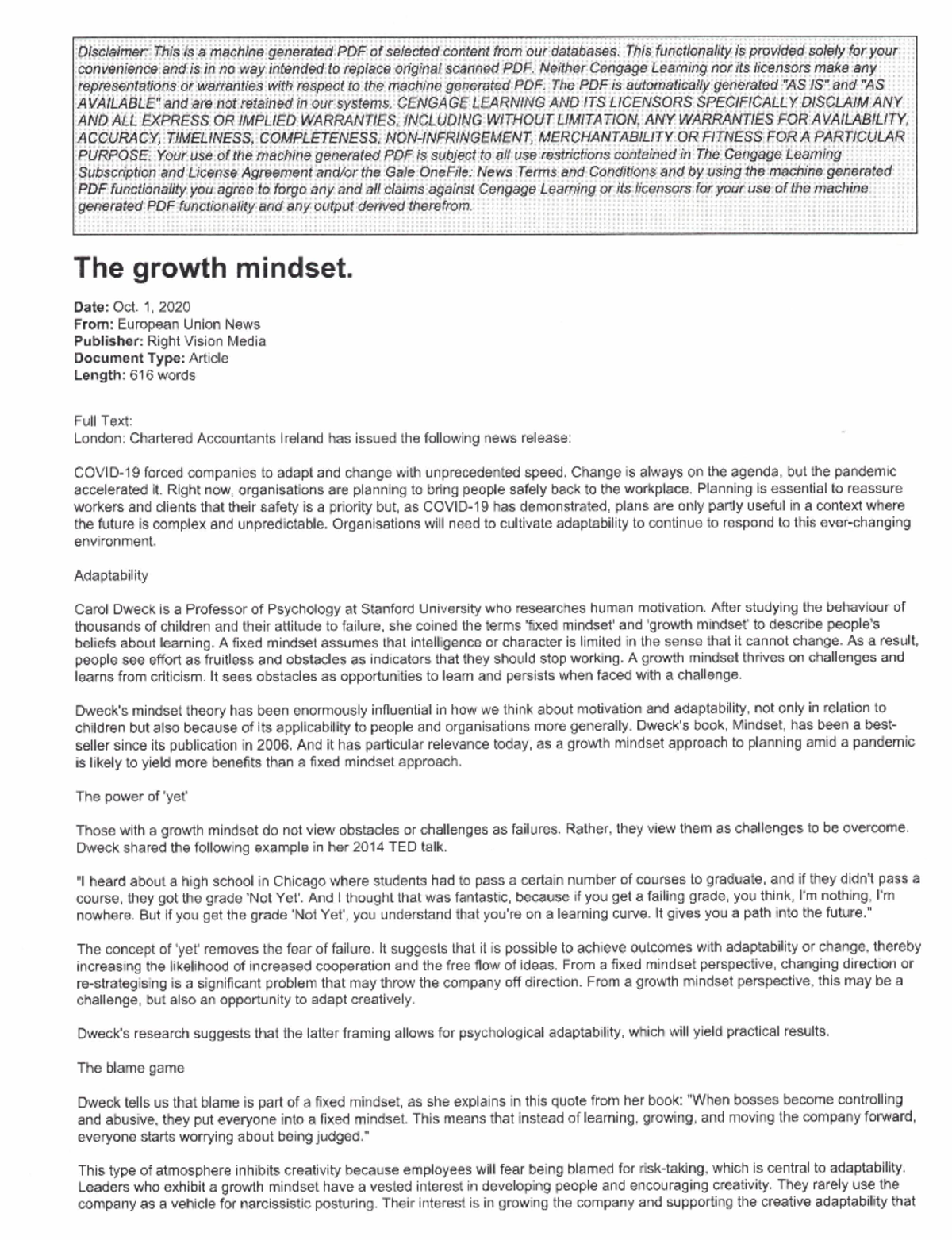 Reading 3 The Growth Mindset - KBFO - Studocu