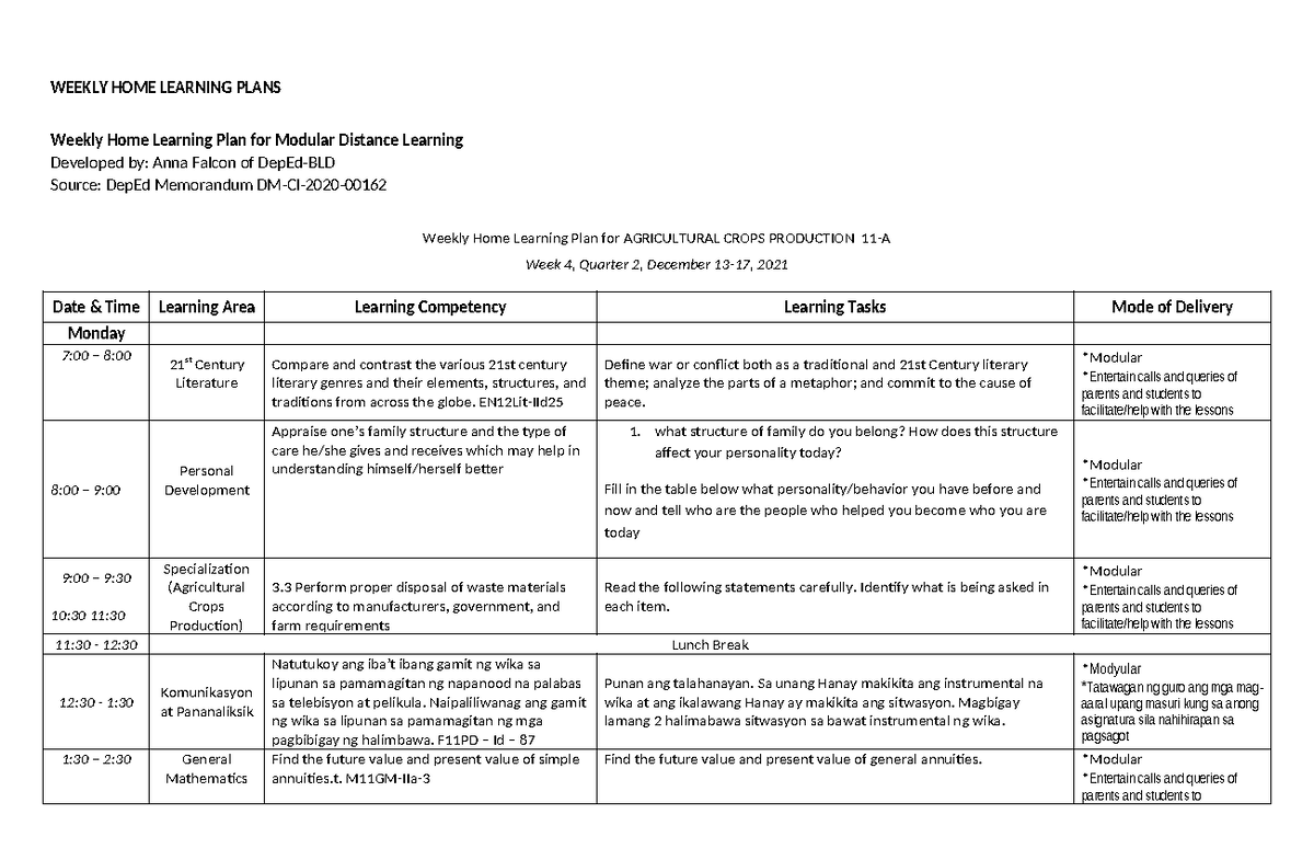 WEEK 3- WEEKLY HOME LEARNING PLAN (WHLP) is essential for guiding ...