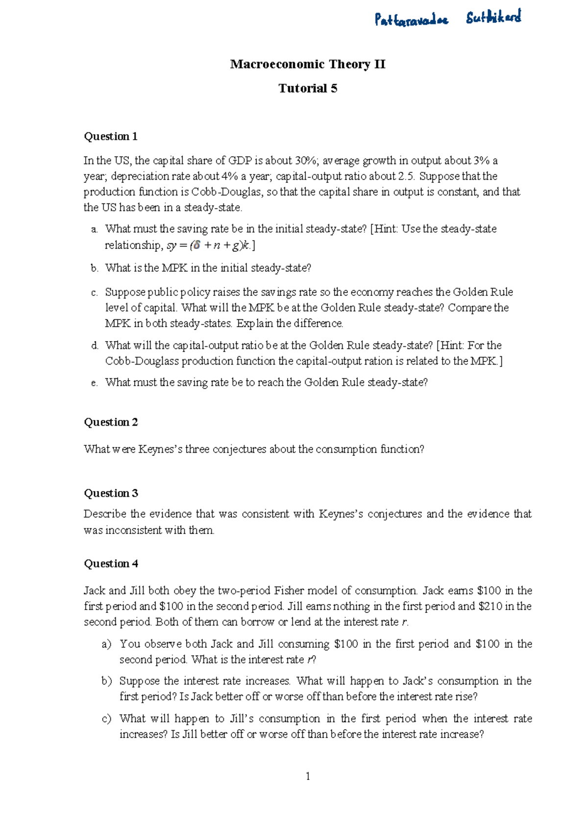 Hw5 Pattaravadee - practice for 2940309 - 1 Macroeconomic Theory II ...