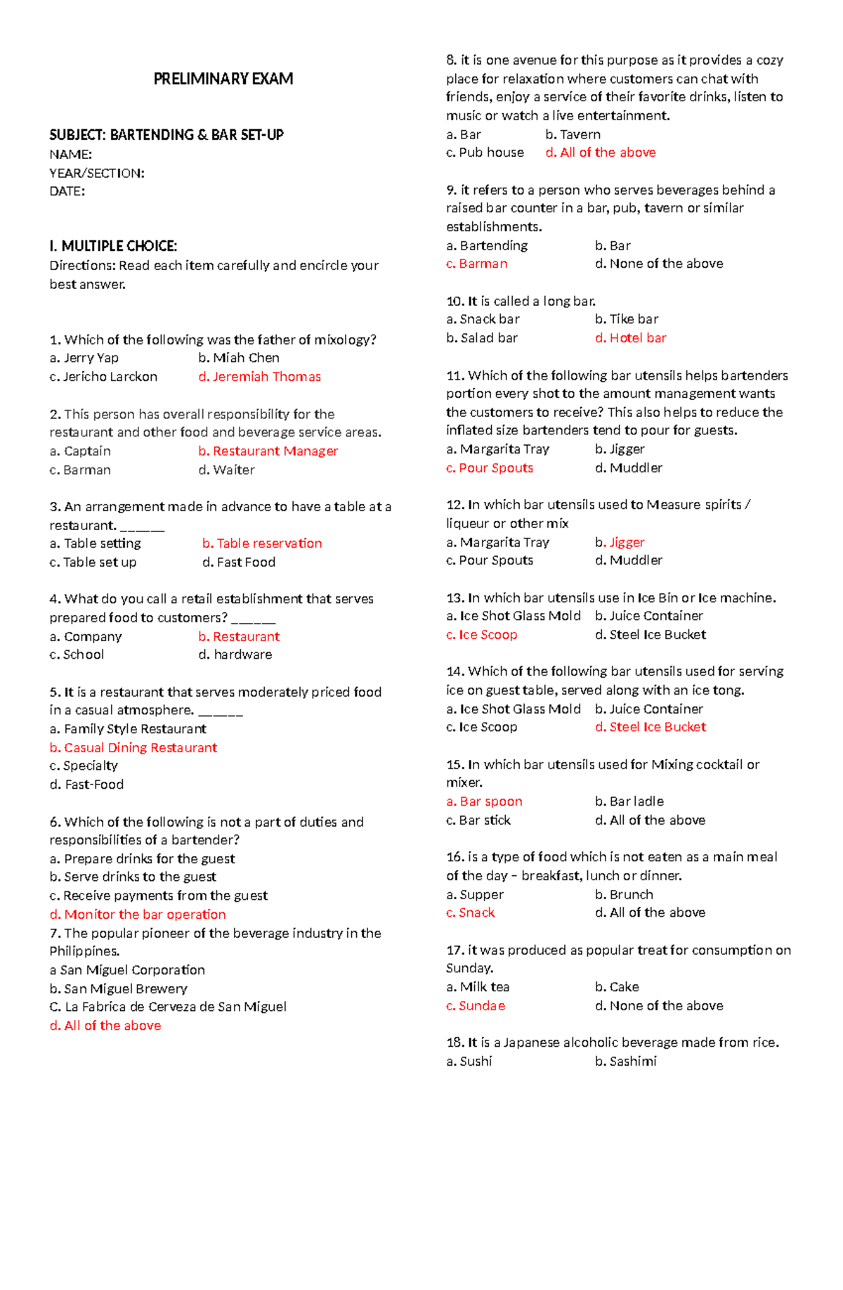 TEMP- Bartending prelim - PRELIMINARY EXAM SUBJECT: BARTENDING & BAR ...
