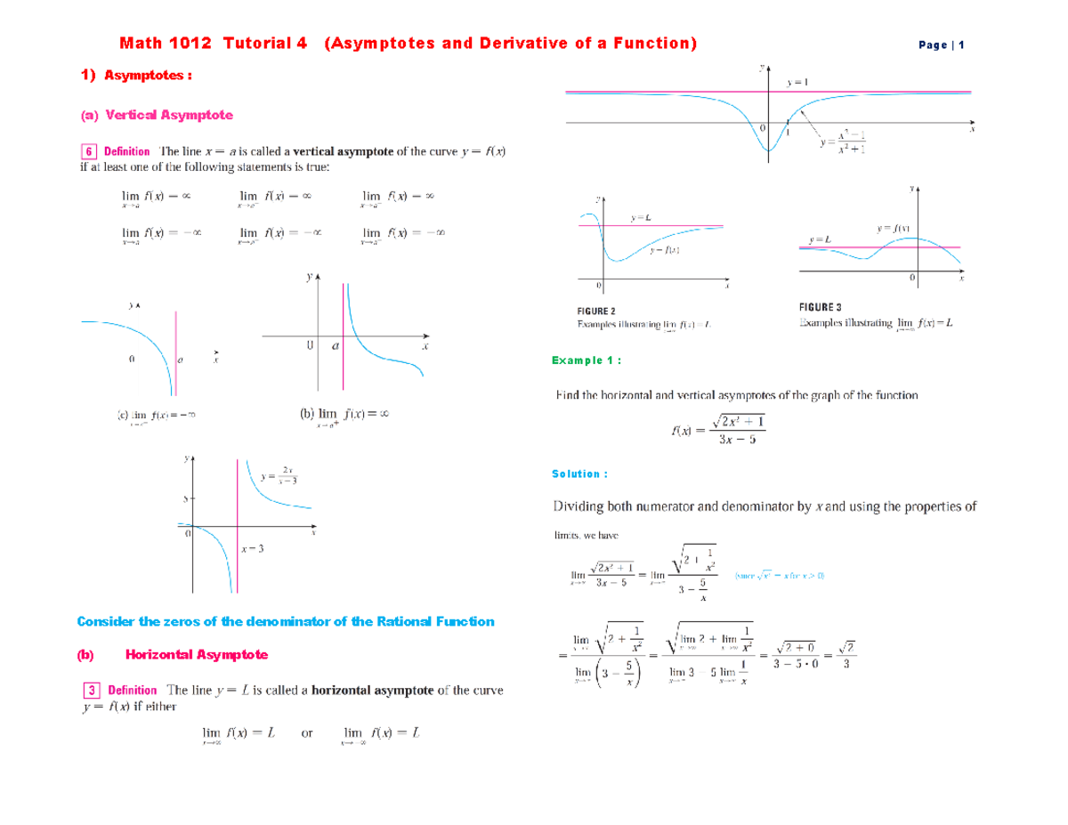 Math 1012 Tutorial 4 Derivative Of A Function Math 1012 Tutorial 4 Asymptotes And