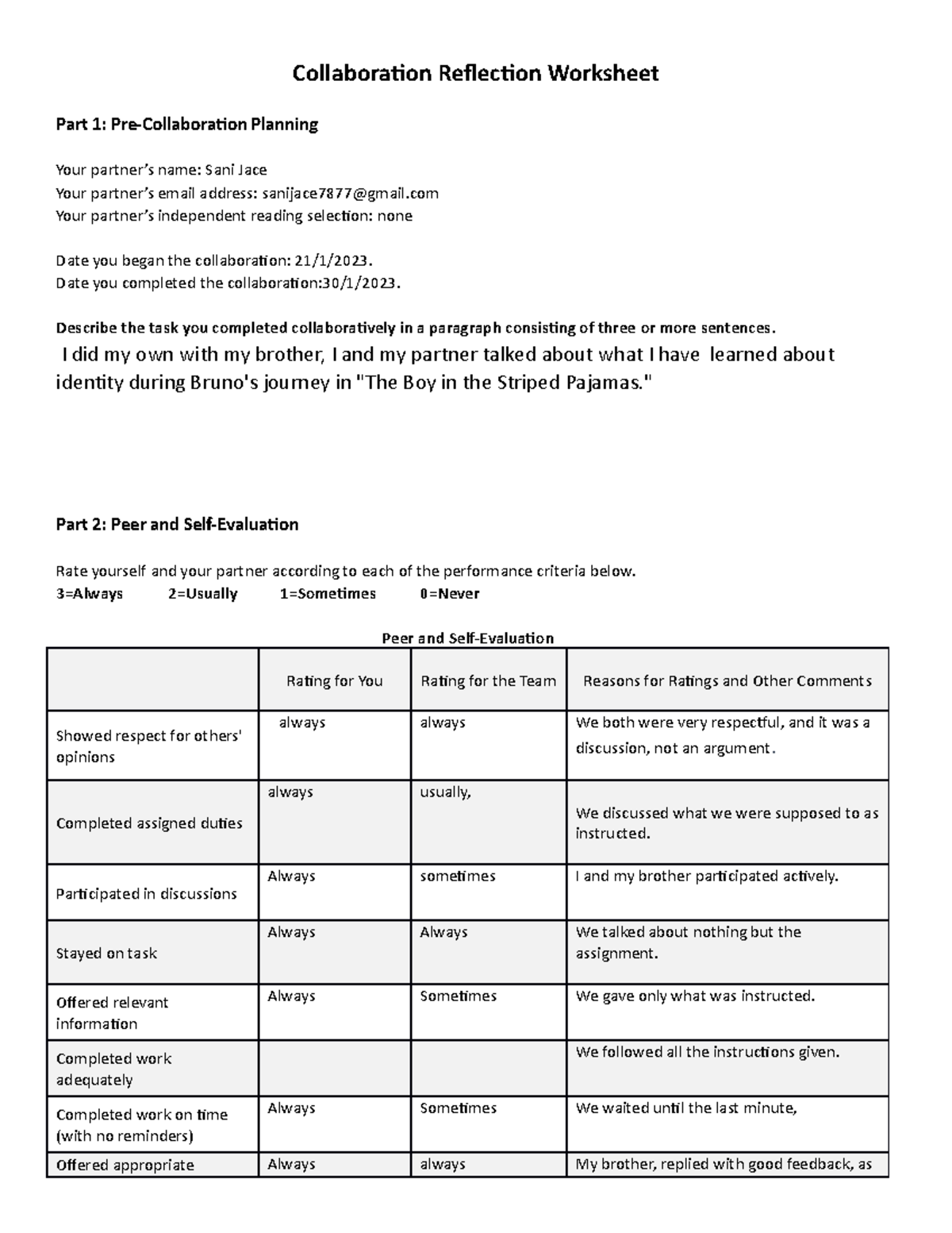 Collaboration reflection worksheet - Collaboration Reflection Worksheet ...