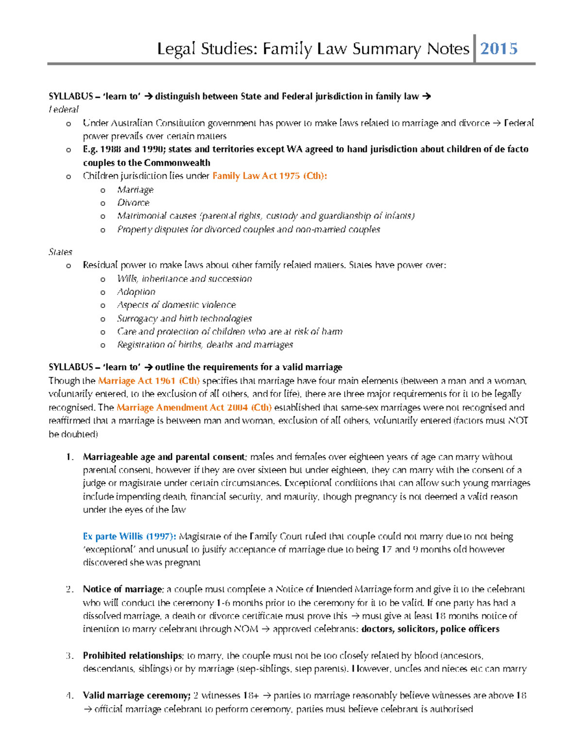 Family p2 - Legal Studies: Family Law Summary Notes 2015 SYLLABUS ...