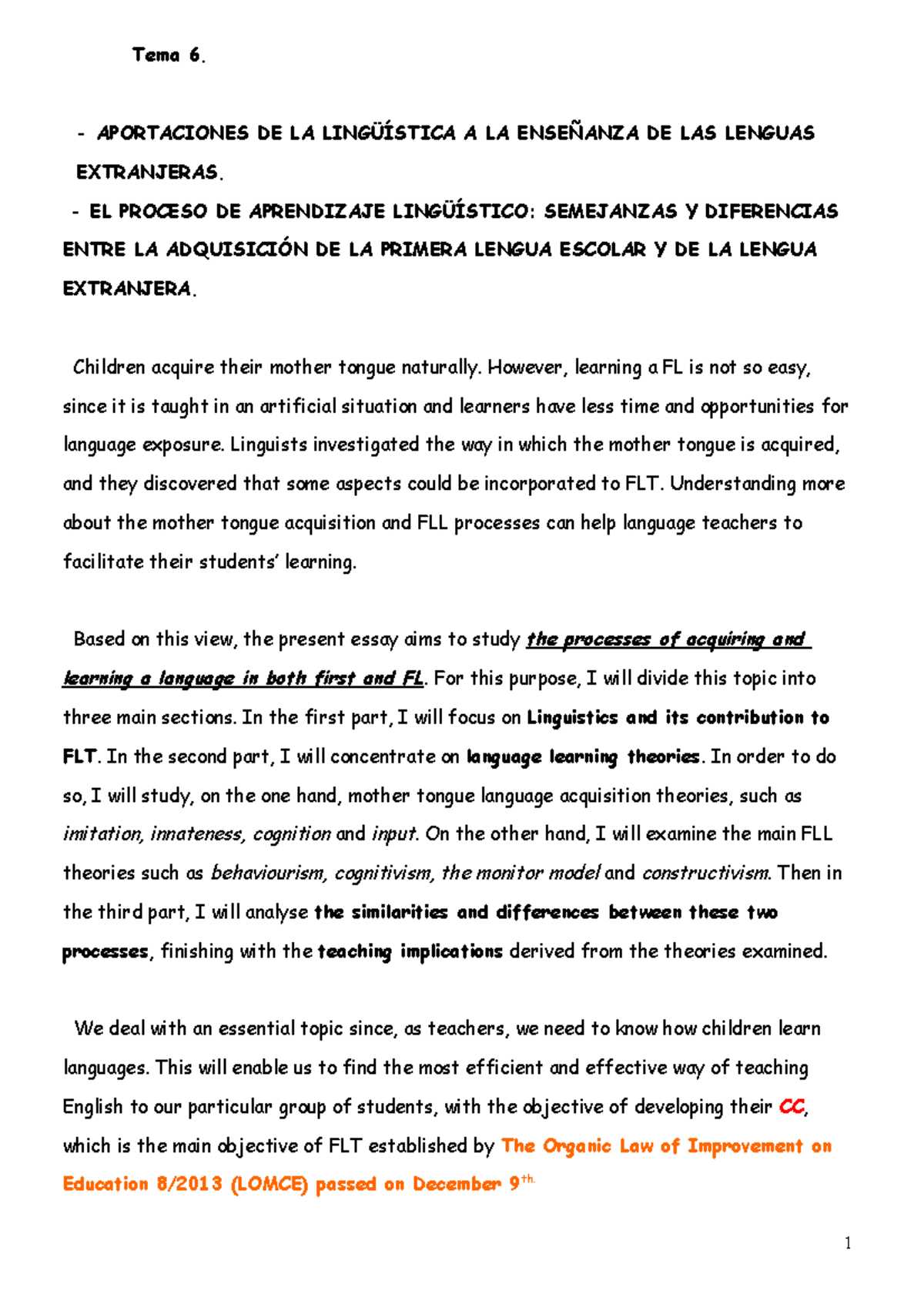 Tema 6 Oposiciones Magisterio INGL - Tema 6. APORTACIONES DE LA LINGÜÍSTICA A LA ENSEÑANZA DE ...