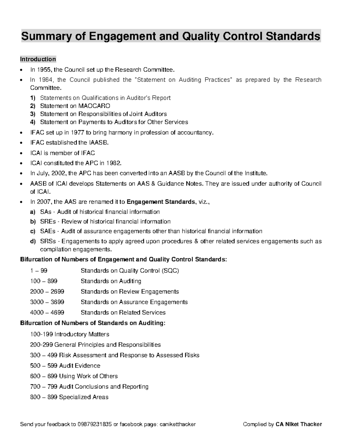 Summary - CA Final - Auditing Standards - Summary of Engagement and ...