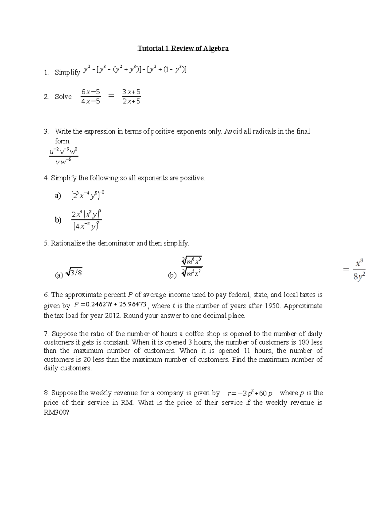 Tutorial 1 Review of Algebra (QUESTION PAPER) - QUANTITATIVE BUSINESS ...