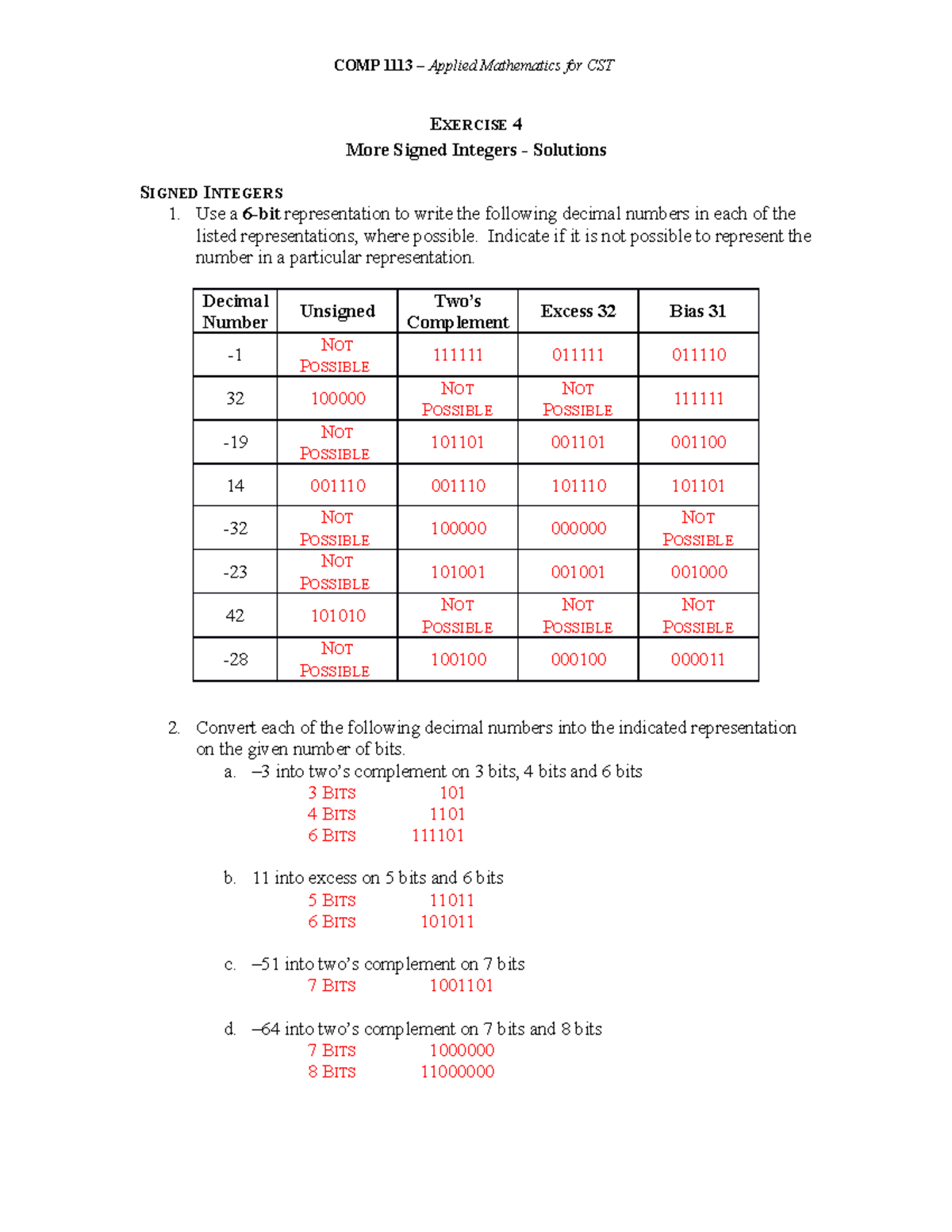 Exercise 04 - More Signed Integers - Solutions - COMP 1113 – Applied Mathematics for CST ...