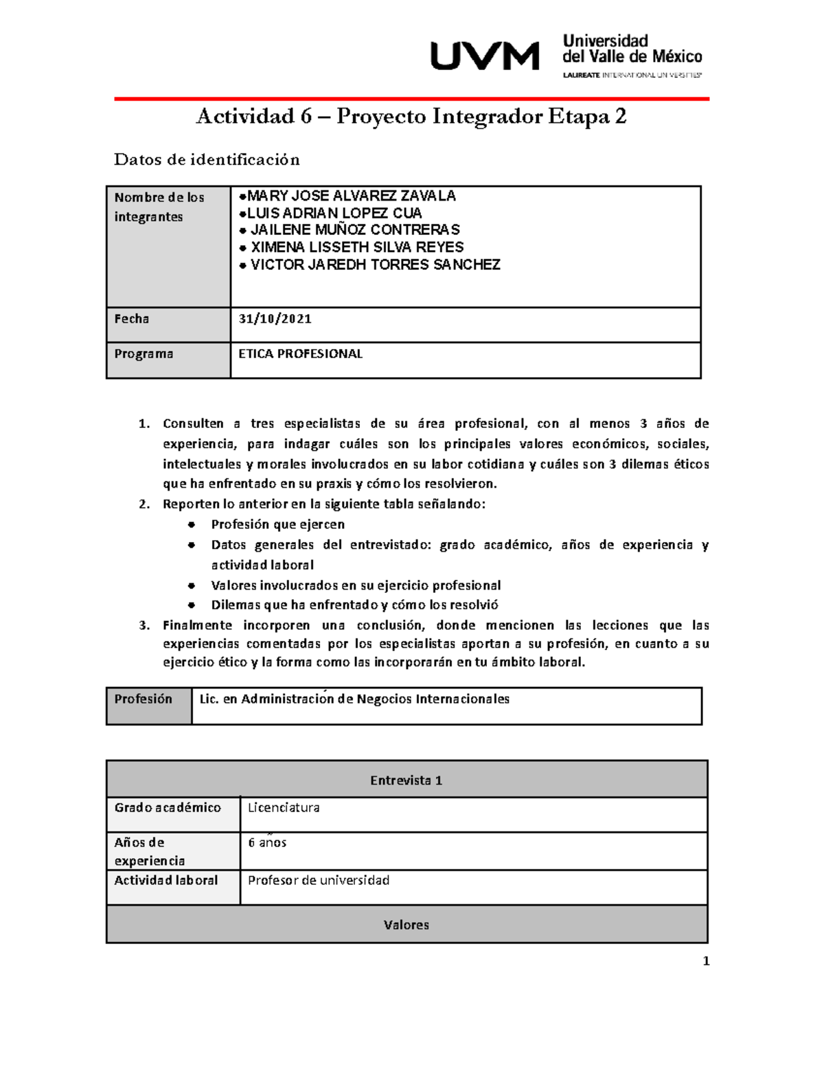 Act#6 Proyecto Integrador - Ética Profesional - UVM - Studocu