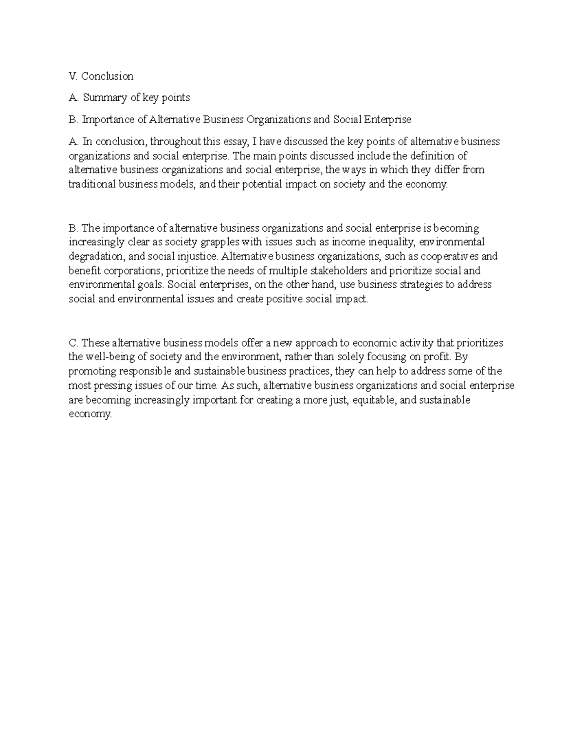 Alternative Business Organizations 5 V Conclusion A Summary Of Key