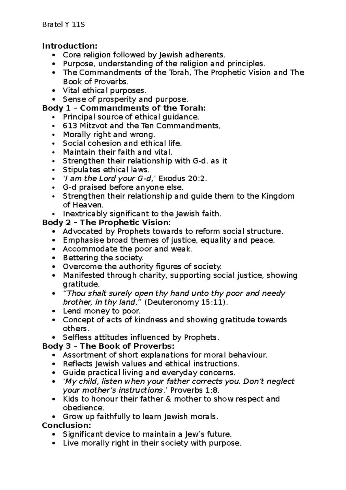 Judaism Notes - N/a - Bratel Y 11S Introduction: Core religion followed ...