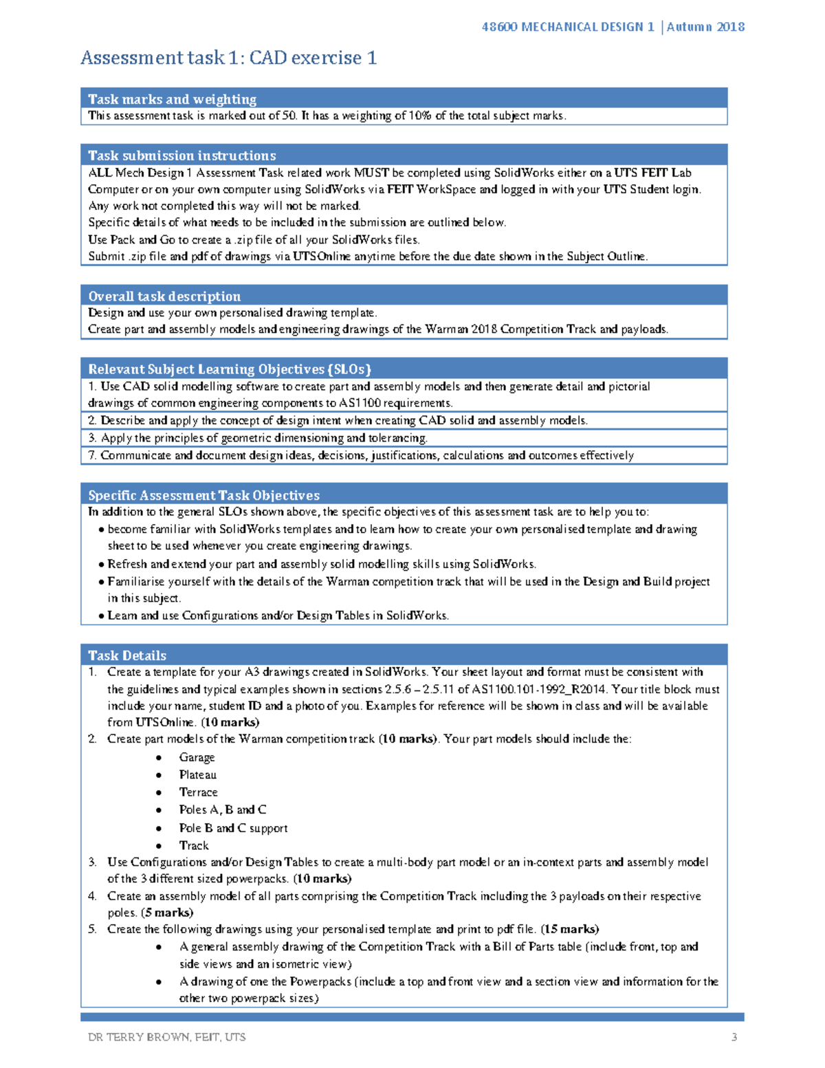 CAD Exercise 1 SW - 48600 MECHANICAL DESIGN 1 | Autumn 2018 Assessment ...