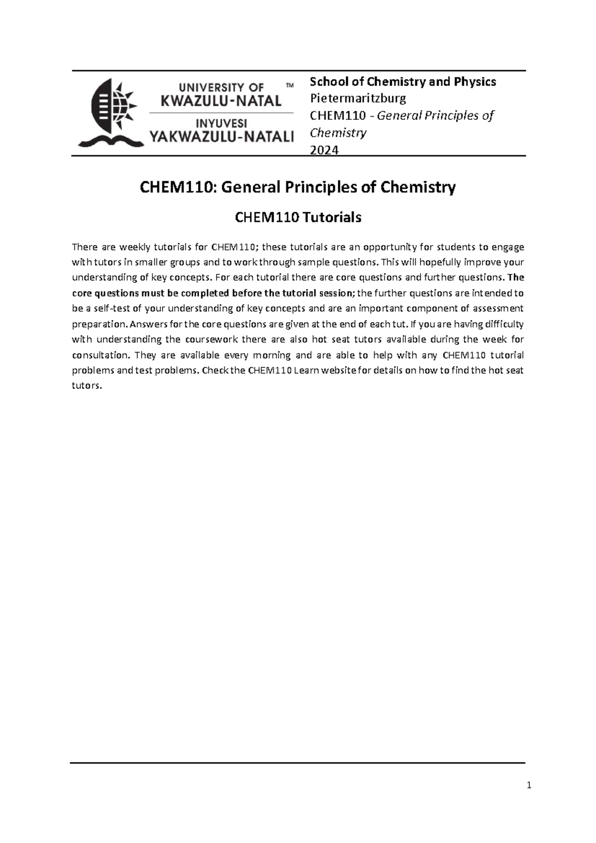 CHEM110 Tutorial 1 2024 - 1 School of Chemistry and Physics ...